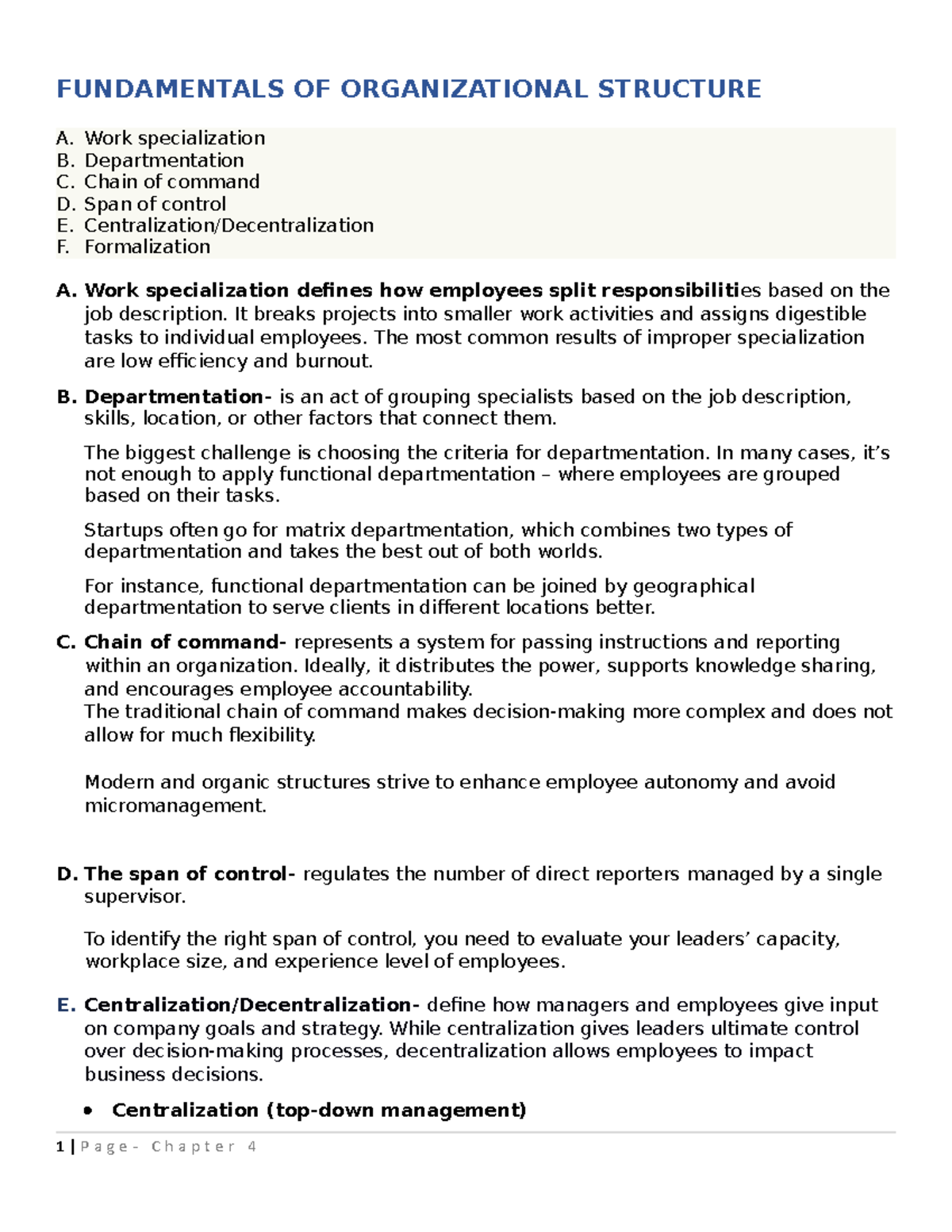 Fundamentals OF Organizational Structure Handout - FUNDAMENTALS OF ...