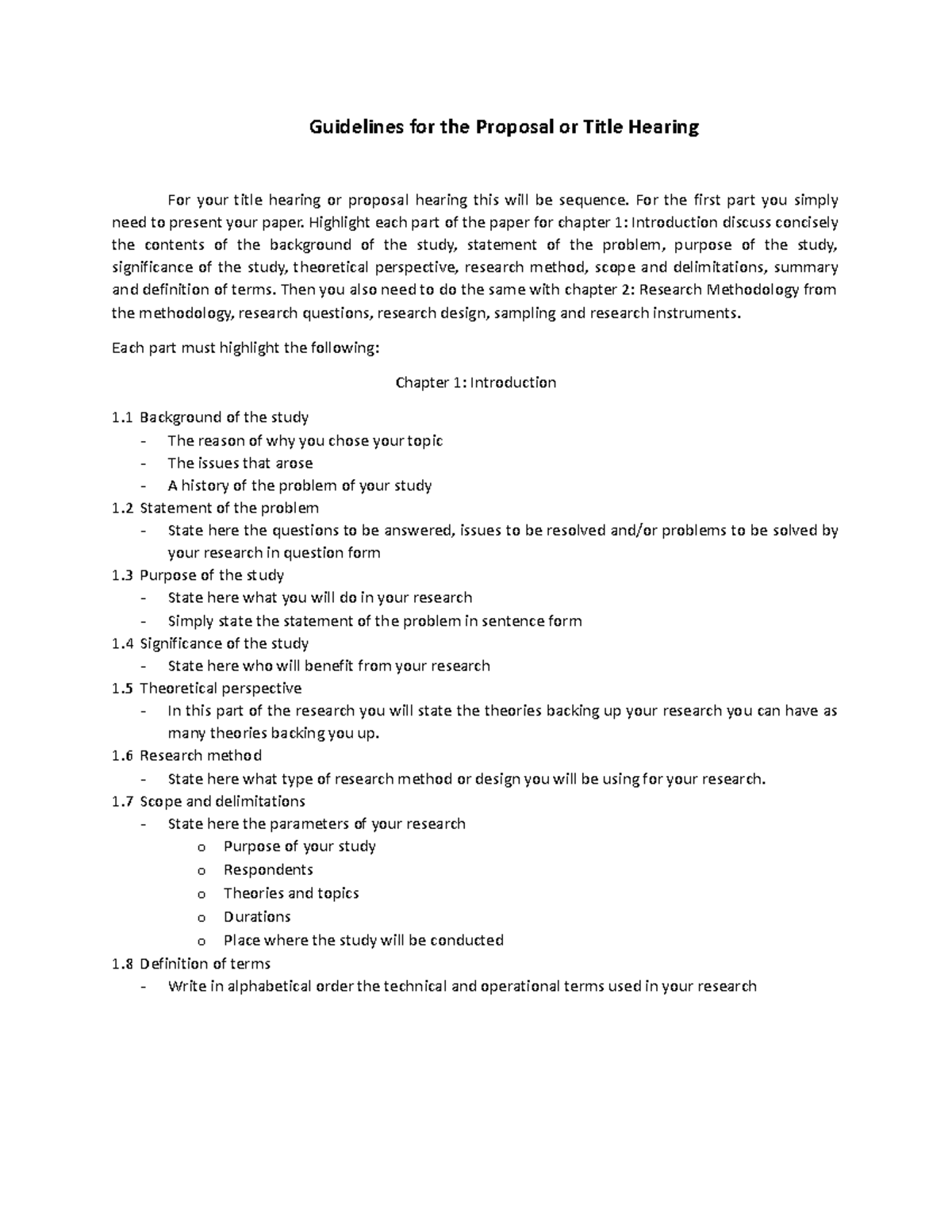 Guidelines for the Proposal or Title Hearing - For the first part you ...