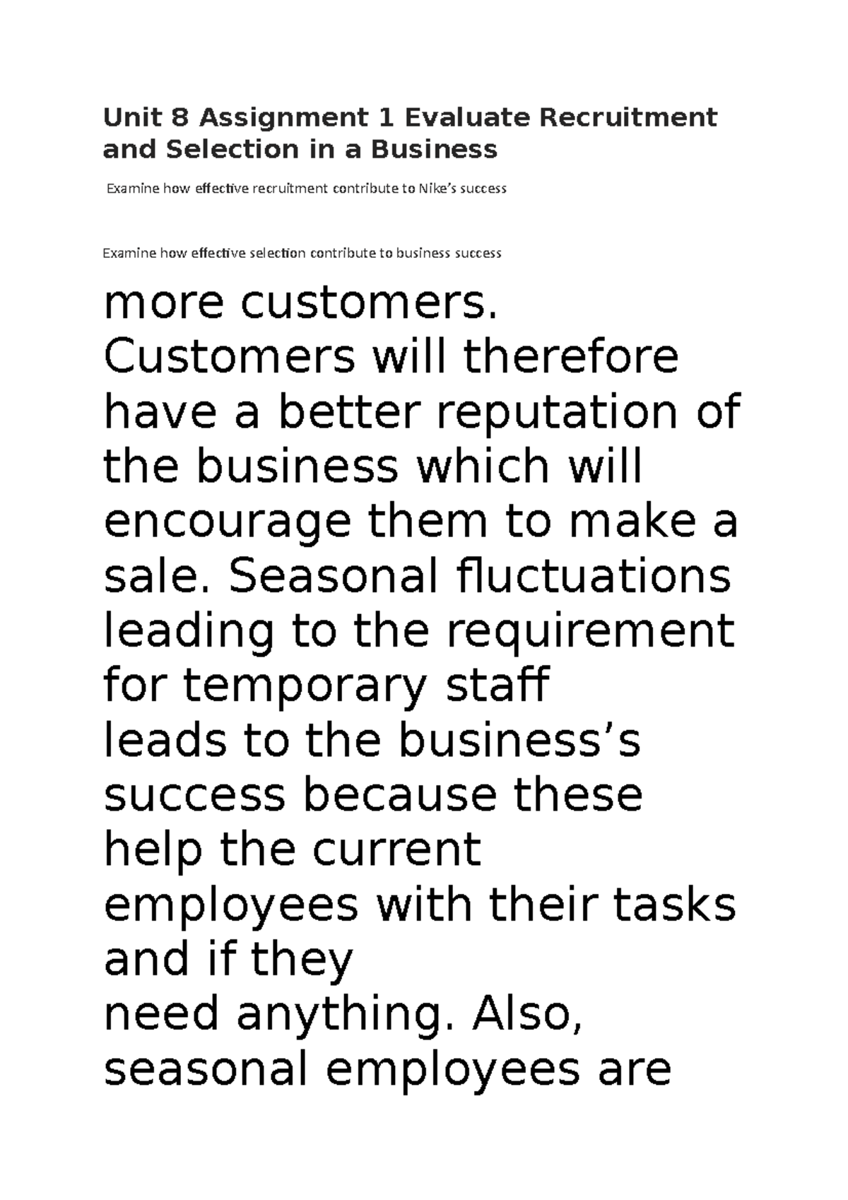 Unit 8 Assignment 1 Evaluate Recruitment and Selection in a Business ...