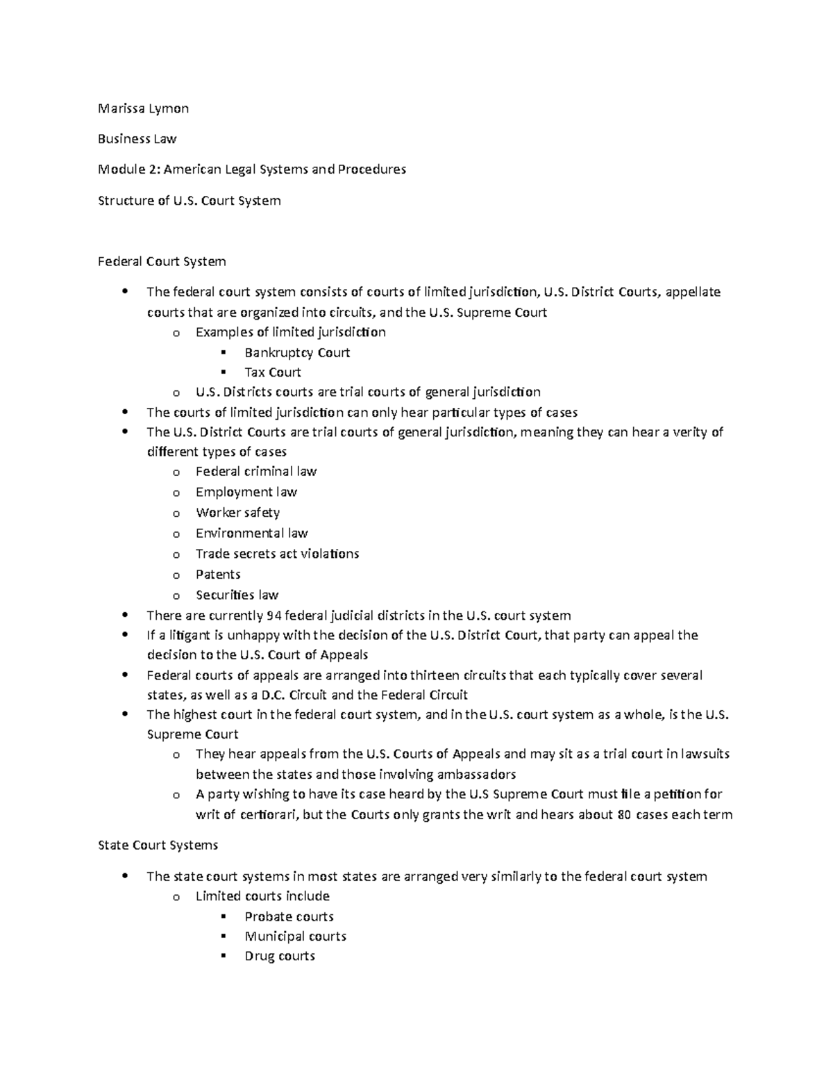 Structure of U.S. Court System - Marissa Lymon Business Law Module 2 ...