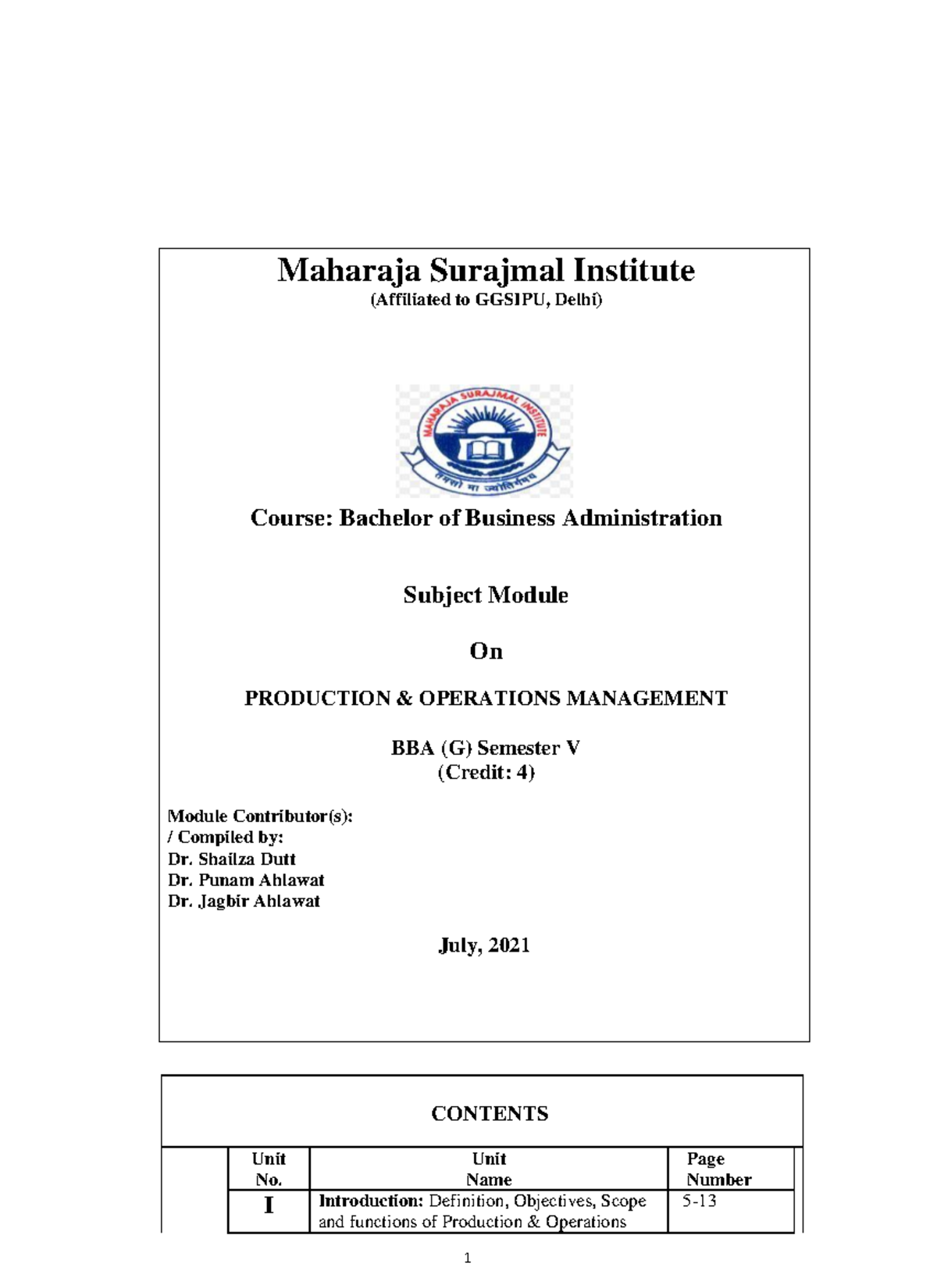 Production & Operations Management Code - 303 BBA (G) Sem. V - Maharaja ...