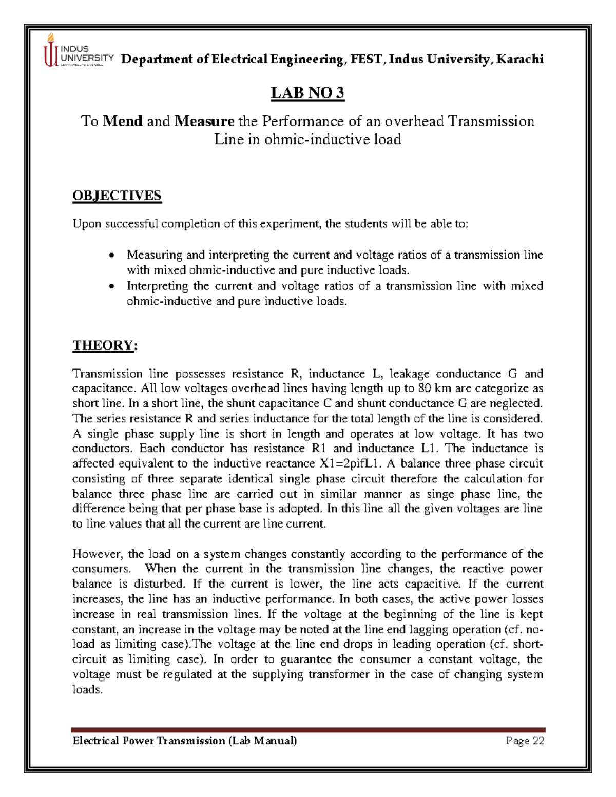 EP-412A (EPT) LAB 3-G2 - MANUAL - LAB NO 3 To Mend and Measure the Performance of an overhead ...
