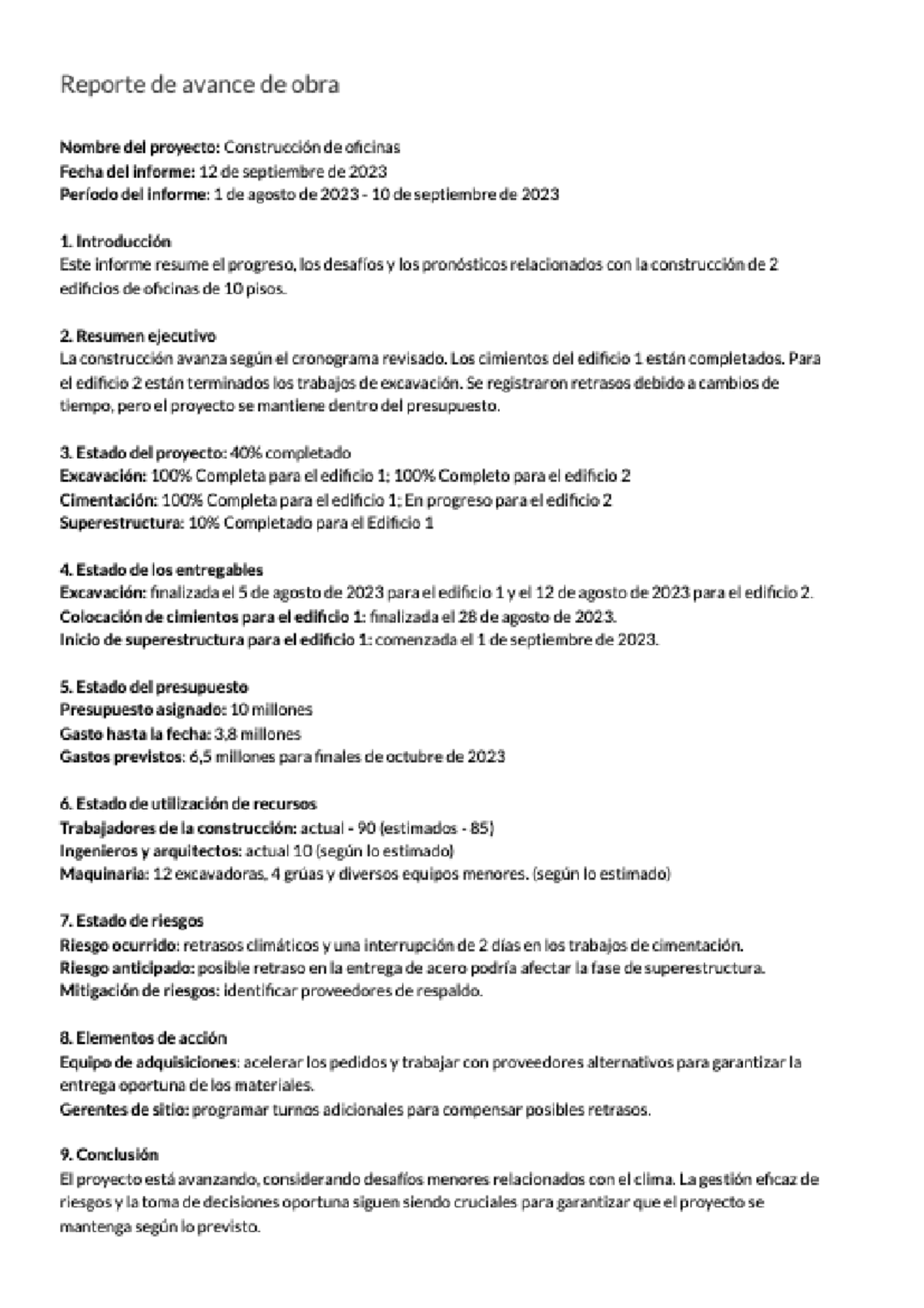 Reporte de obra - Reporte de avance de obra Nombre del proyecto ...