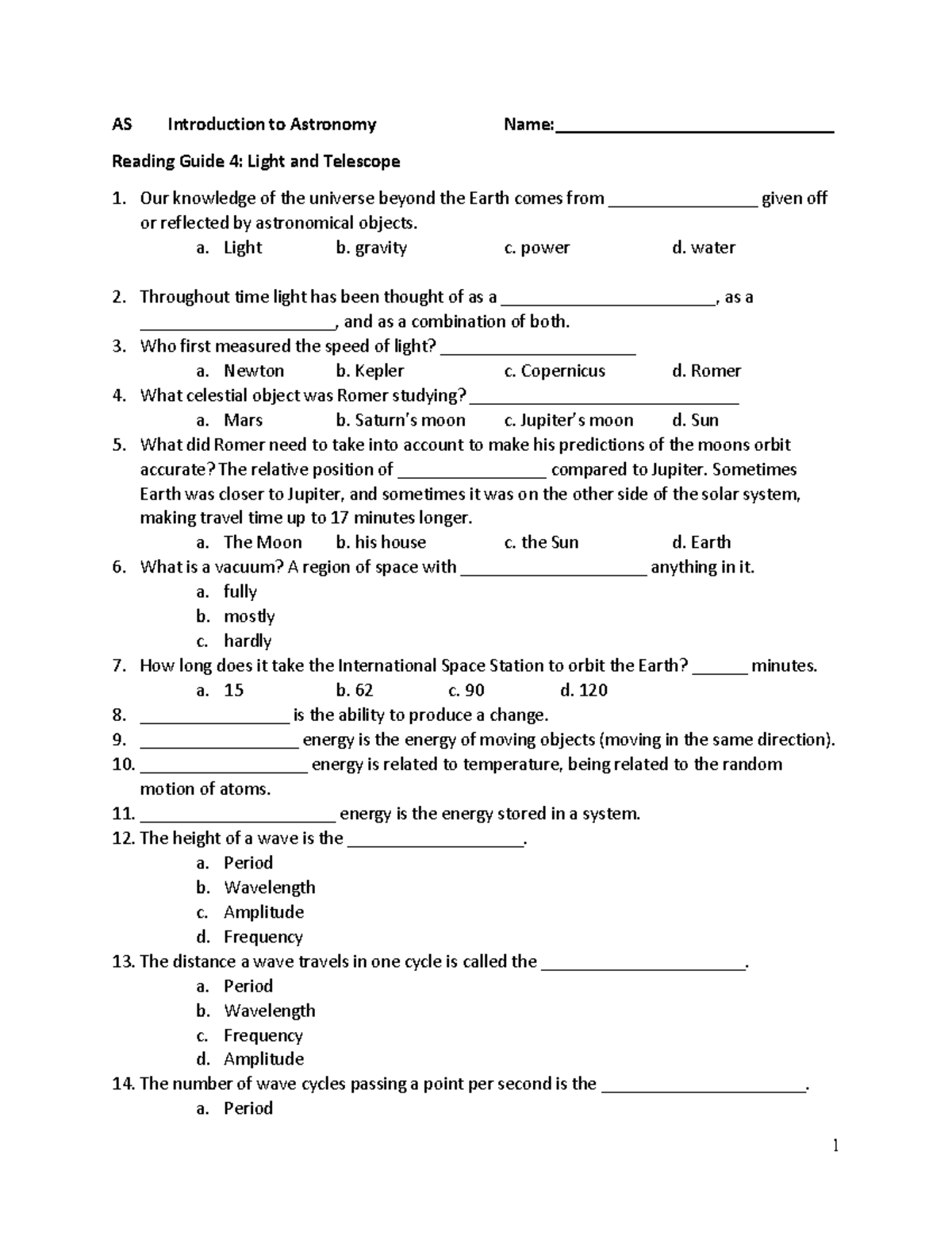 Reading Guide 4- assignment - AS Introduction to Astronomy Name