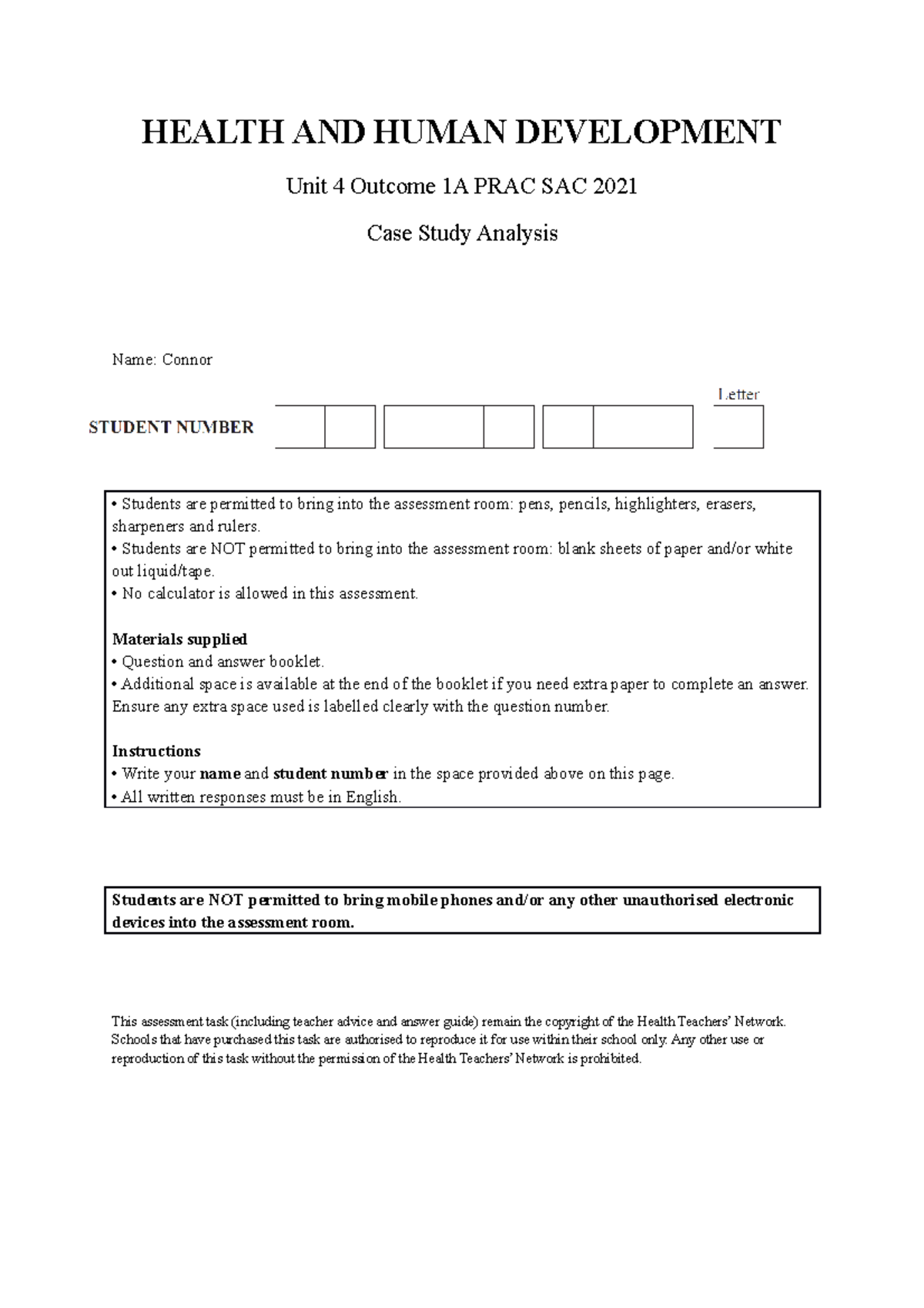 Unit 4 Health and Human Development OC 1A PRAC SAC with Answer Guide ...