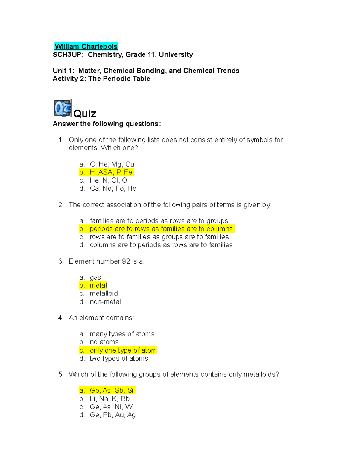 Chemistry lesson 1 quiz - William Charlebois SCH3UP: Chemistry, Grade ...