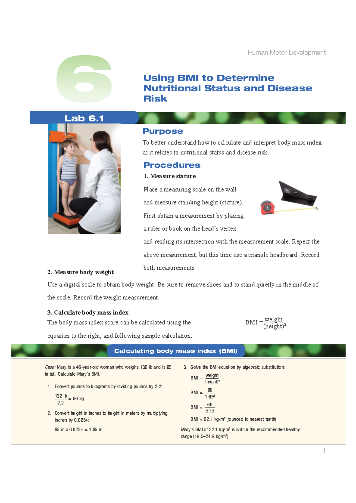 BMI LAB - BMI LAB - Human Motor Development Purpose 1. Measure stature ...