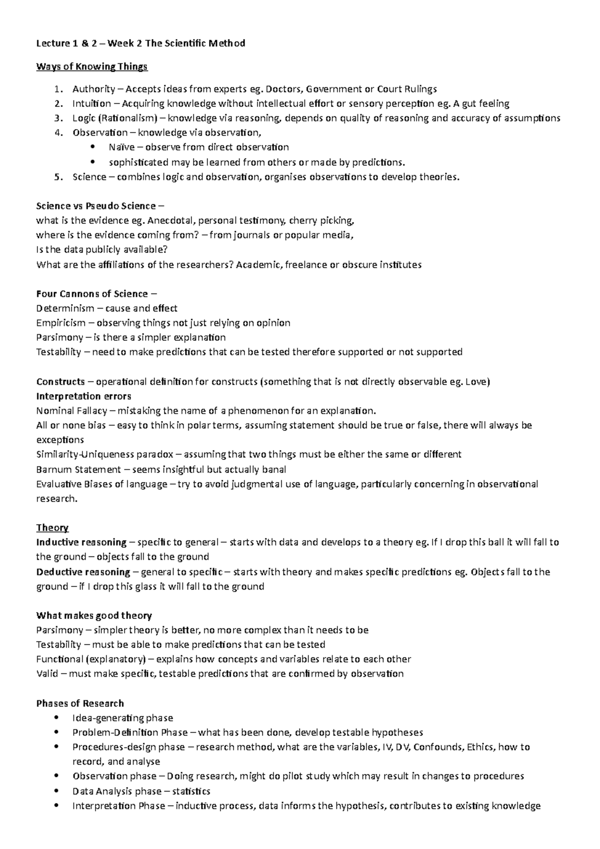 Lecture 1 and 2 Week 2 - Lecture 1 & 2 – Week 2 The Scientific Method ...