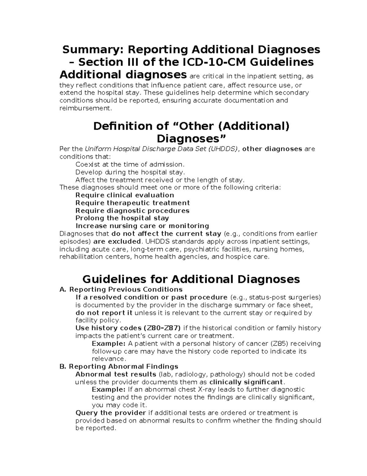 Summary Reporting Additional Diagnoses – Section III of the ICD-10-CM Guidelines - Summary ...