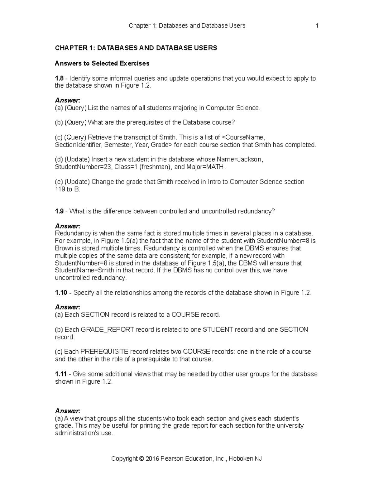 Chapter 01 - charpter 1 exercise answers - Chapter 1: Databases and Database Users CHAPTER 1 ...