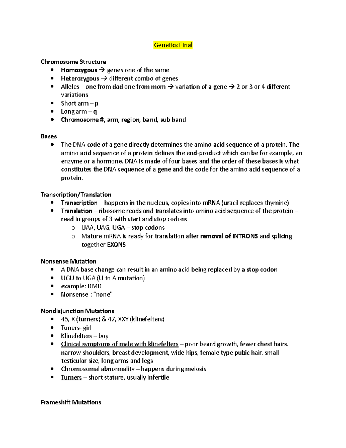 Genetics final exam study guide - Genetics Final Chromosome Structure ...