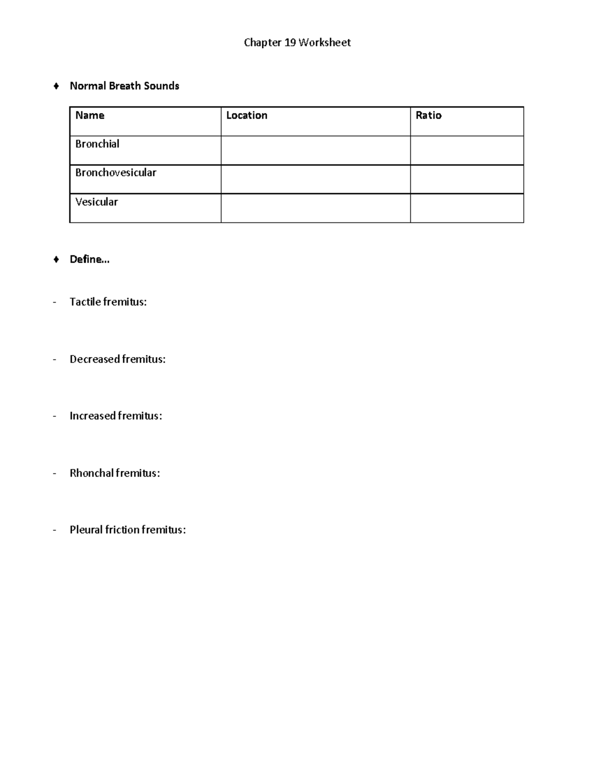 Chapter 19 worksheet - Chapter 19 Worksheet Normal Breath Sounds Name Location Ratio Bronchial ...