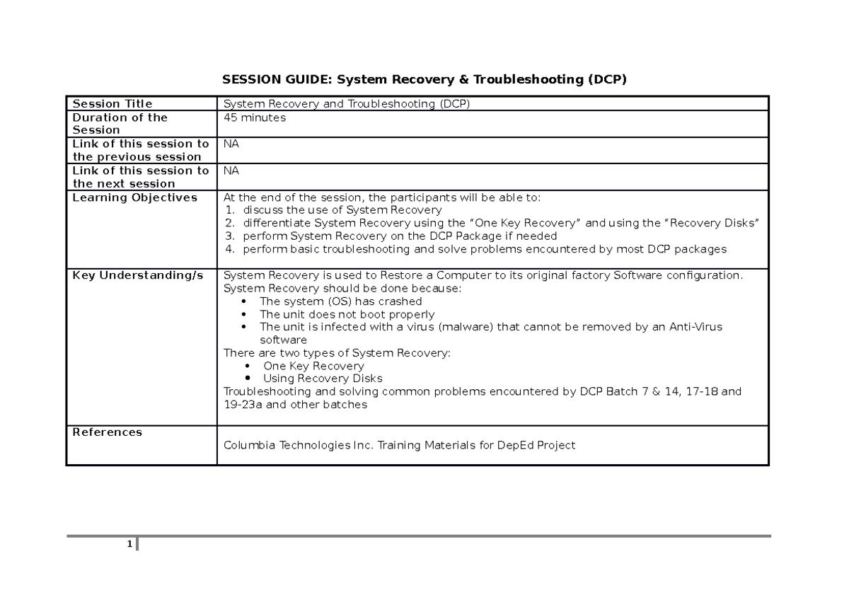 Session Guide for System Recovery and Troubleshooting (DCP) - SESSION GUIDE: System Recovery ...