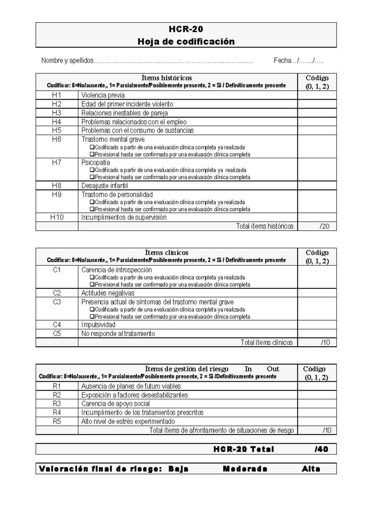 HCR-20 - HCR-20 - HCR- 20 Hoja de codificación Nombre y - Studocu