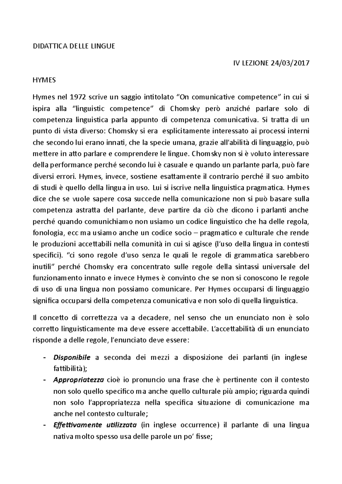 HYMES E LA COMPETENZA COMUNICATIVA - DIDATTICA DELLE LINGUE IV LEZIONE ...