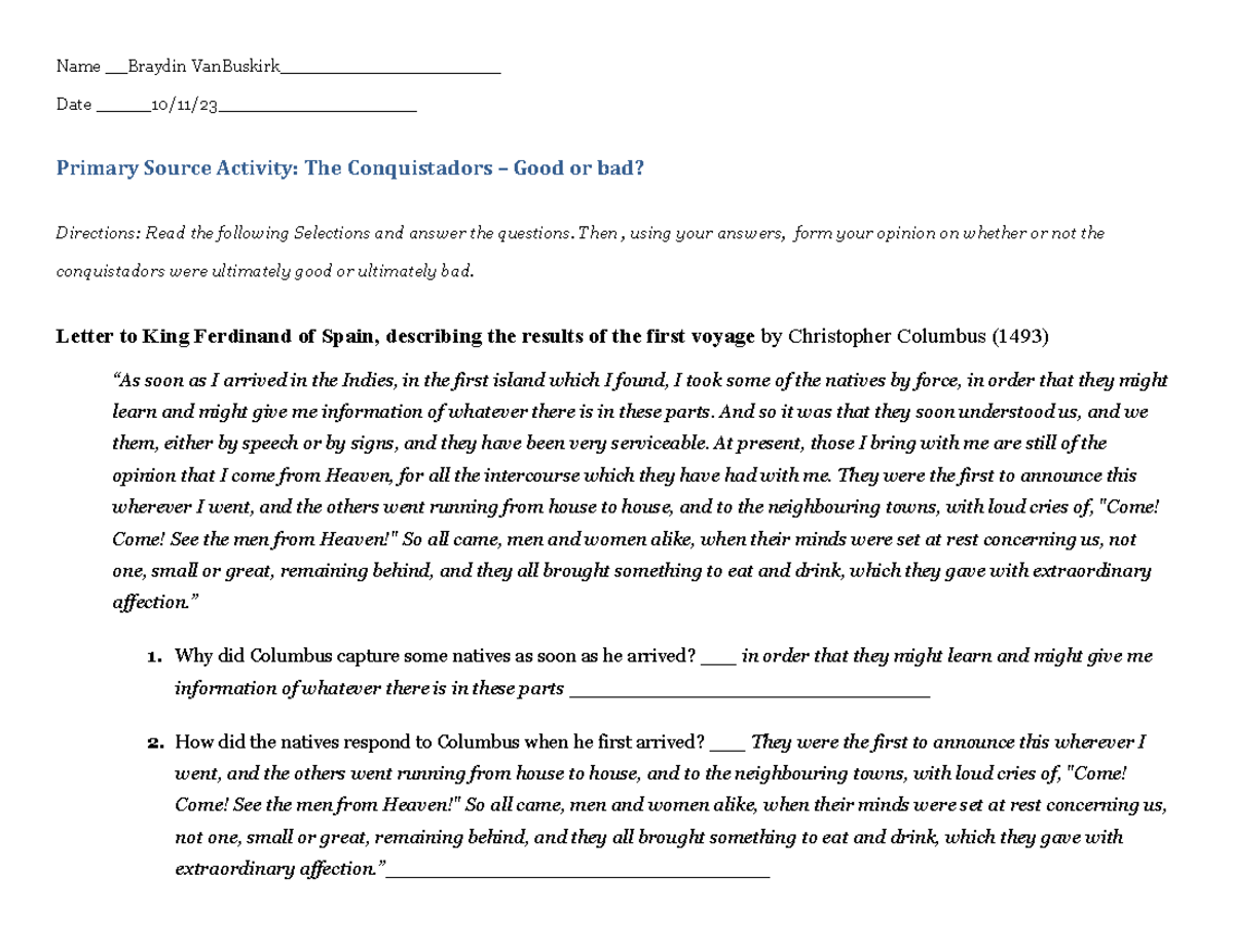 Spanish Conquistadors Primary Source Activity-1 - Name Braydin ...