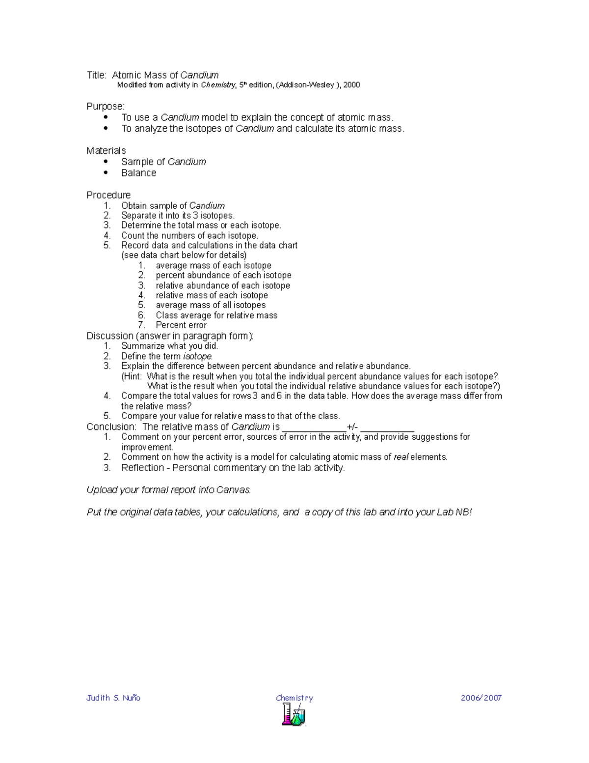 Candium Lab S16 - Title: Atomic Mass of Candium Modified from activity ...