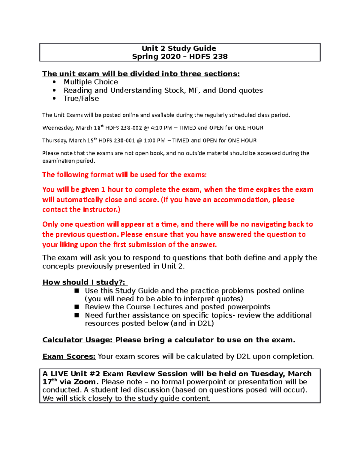 Exam 2 Study Guide SS20 - Unit 2 Study Guide Spring 2020 – HDFS 238 The ...