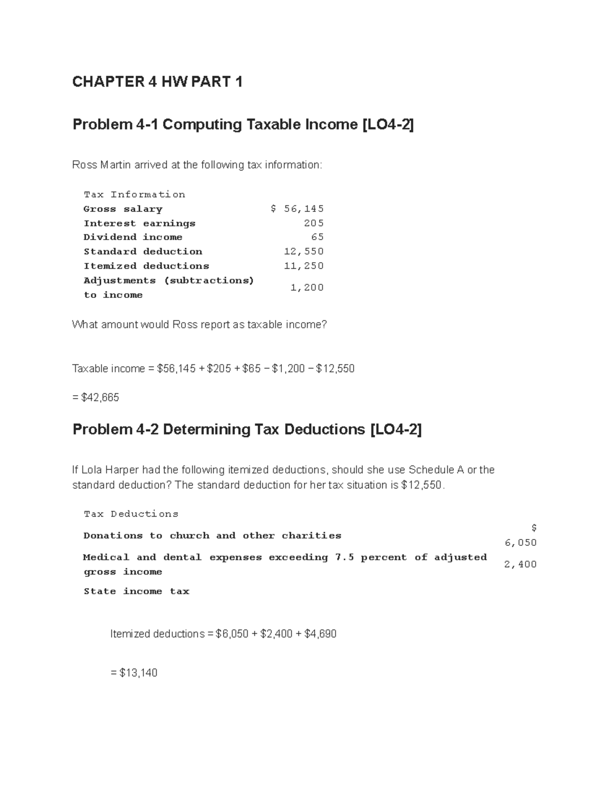 Personal finance Chaper 4 HW pt1 - CHAPTER 4 HW PART 1 Problem 4-1 Computing Taxable Income [LO4 ...