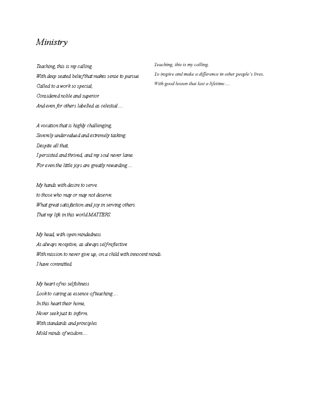 Teacher My Calling - Ministry Teaching, this is my calling. With deep ...