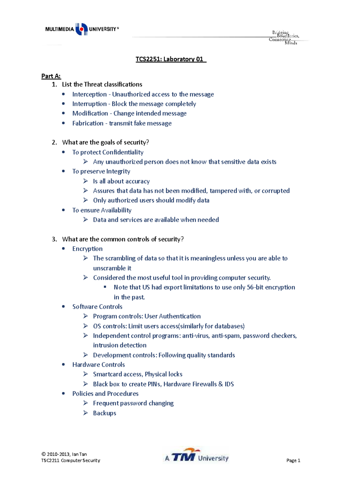 List the threat classification - TCS2251: Laboratory 01 Part A: 1. List ...