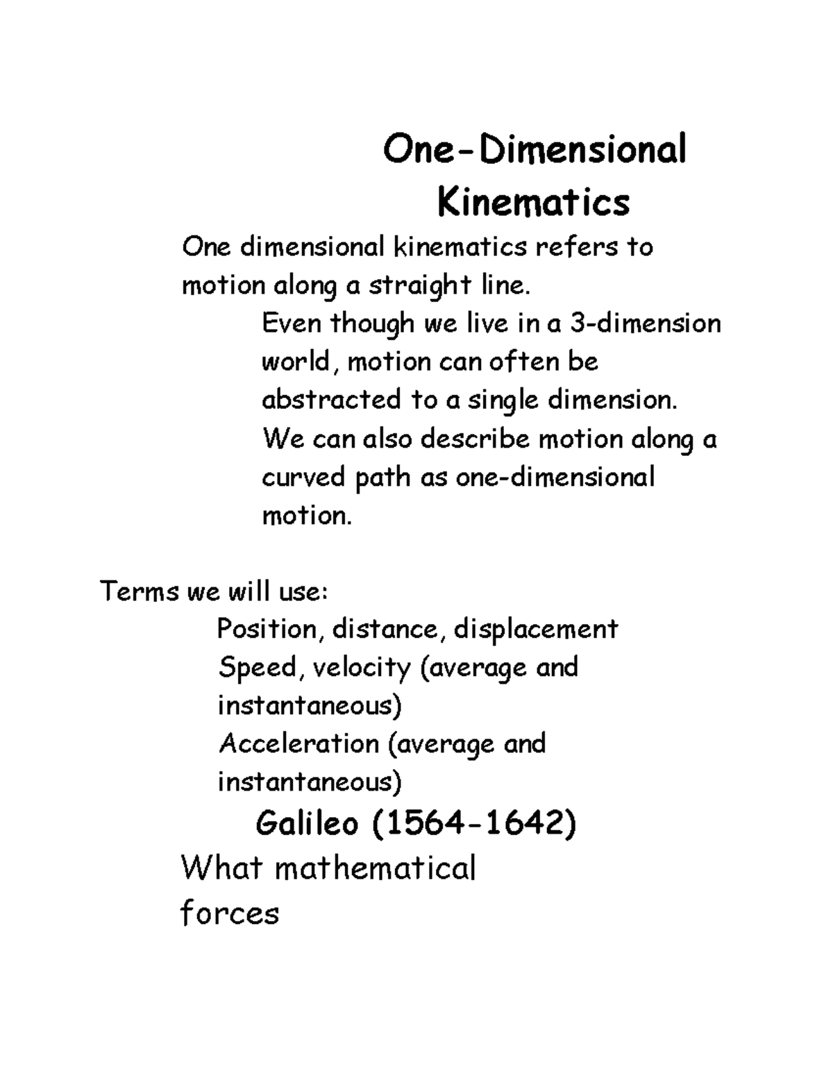 Phys 2 - motion 1 physics class notes - One-Dimensional Kinematics One ...