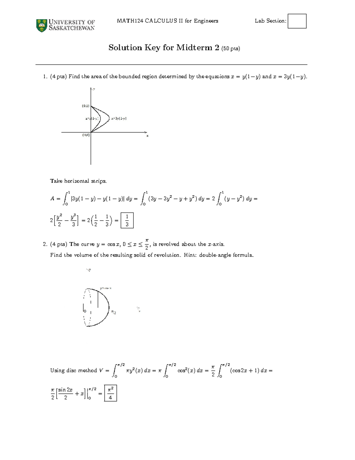 Exam 2014, Questions And Answers - MATH124 CALCULUS II for Engineers Lab Section: Solution Key ...