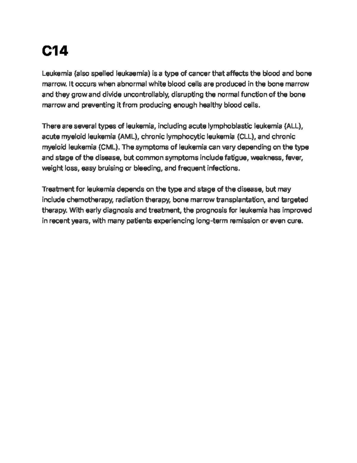 C14 - Notes - C 1 4 Leukemia (also spelled leukaemia) is a type of ...