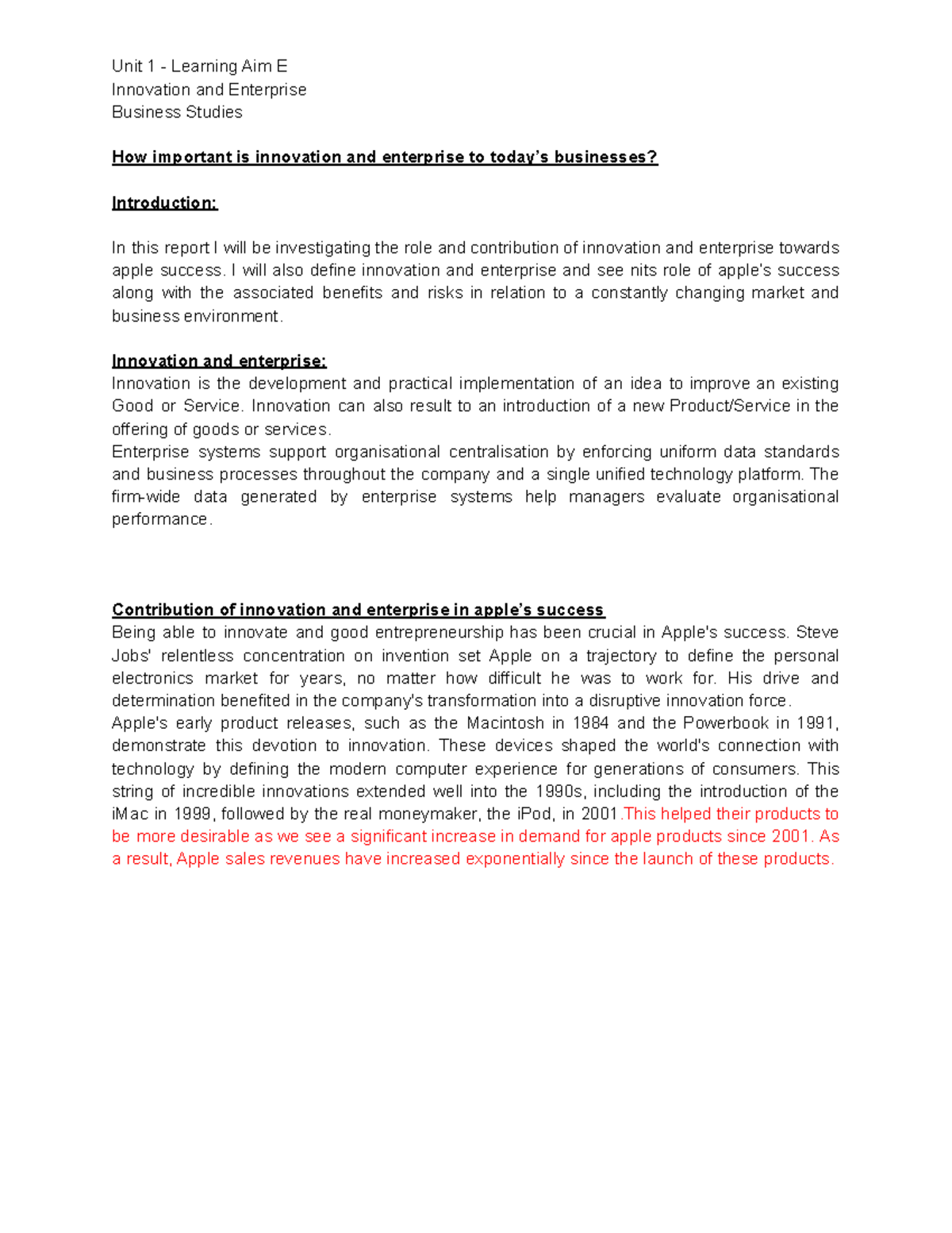 Unit 1 Learning Aim E June 2022 - Innovation and Enterprise Business ...