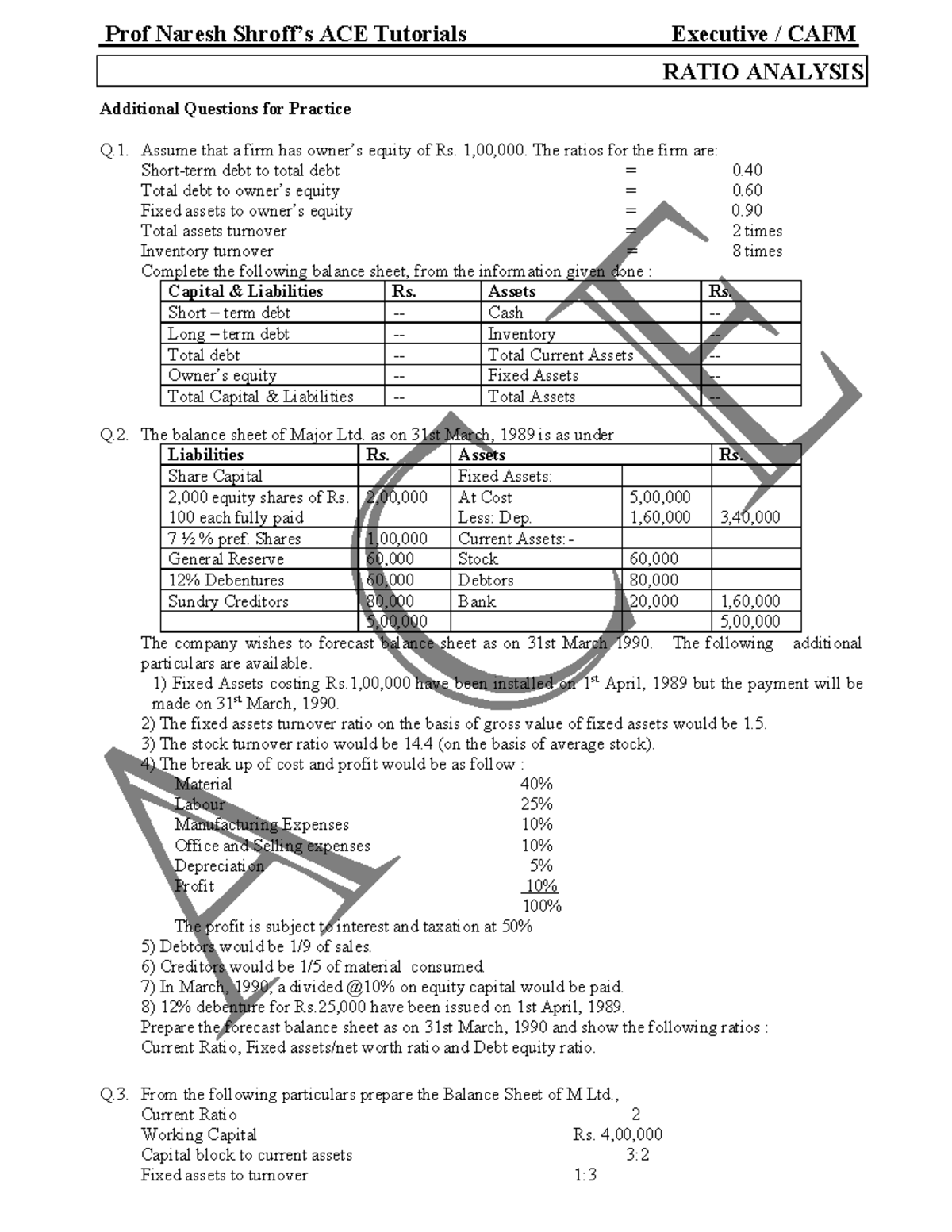 Ration and proportion - RATIO ANALYSIS Additional Questions for ...