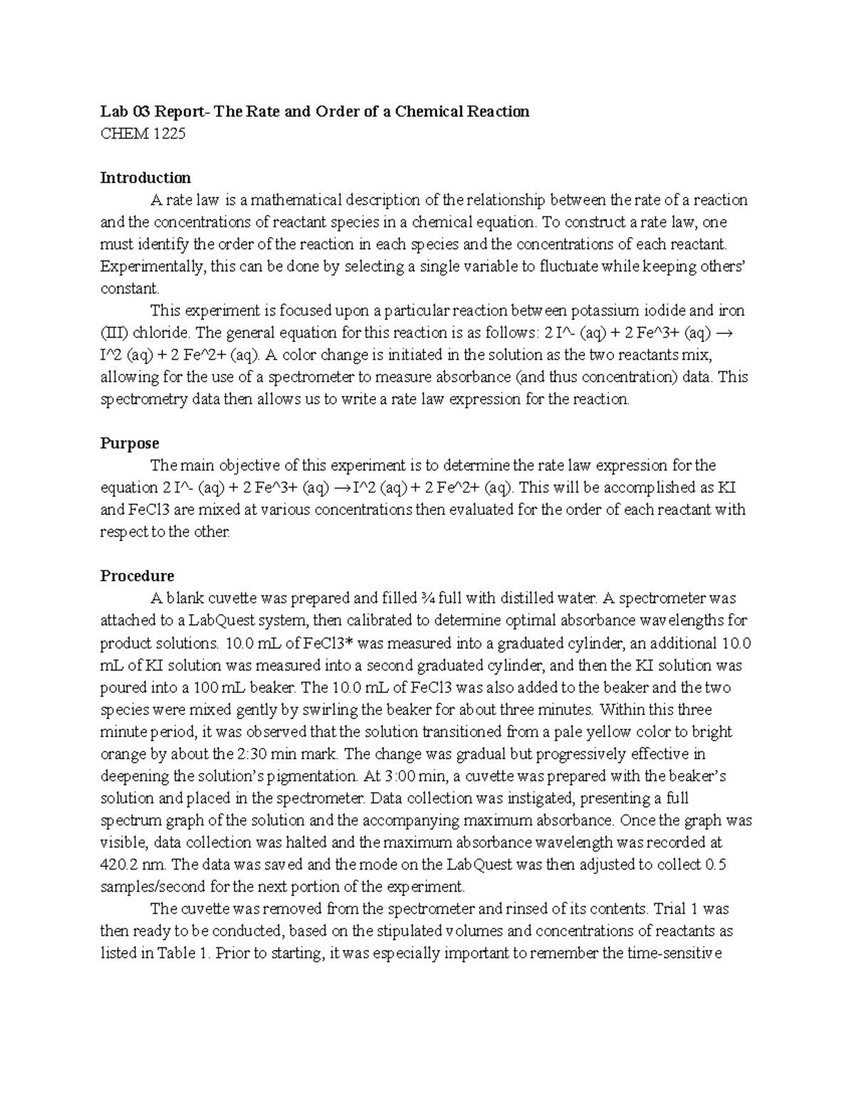 Lab 03 Report for CHEM 1225 - Lab 03 Report- The Rate and Order of a ...