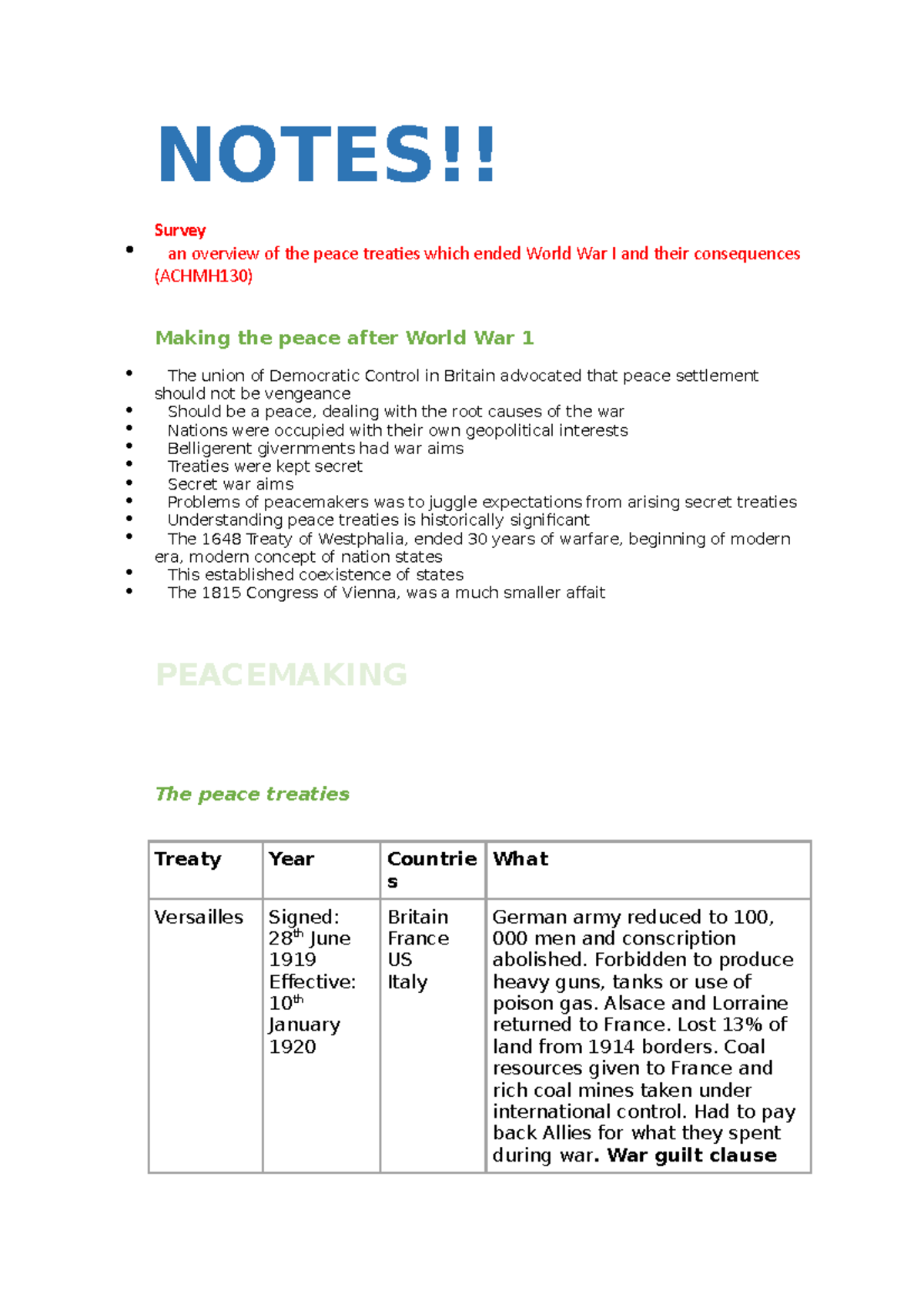 Notes FOR TEST - fghj - NOTES!! Survey an overview of the peace ...