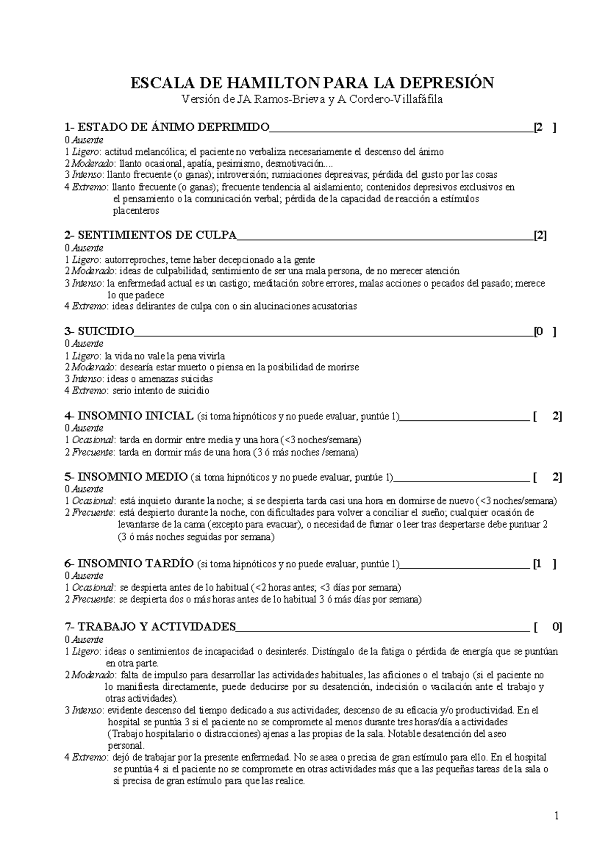 Escala DE Hamilton PARA LA Depresion 14 - 1 ESCALA DE HAMILTON PARA LA ...