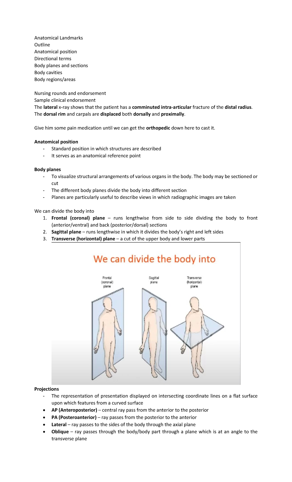 Med term lesson notes - Anatomical Landmarks Outline Anatomical ...
