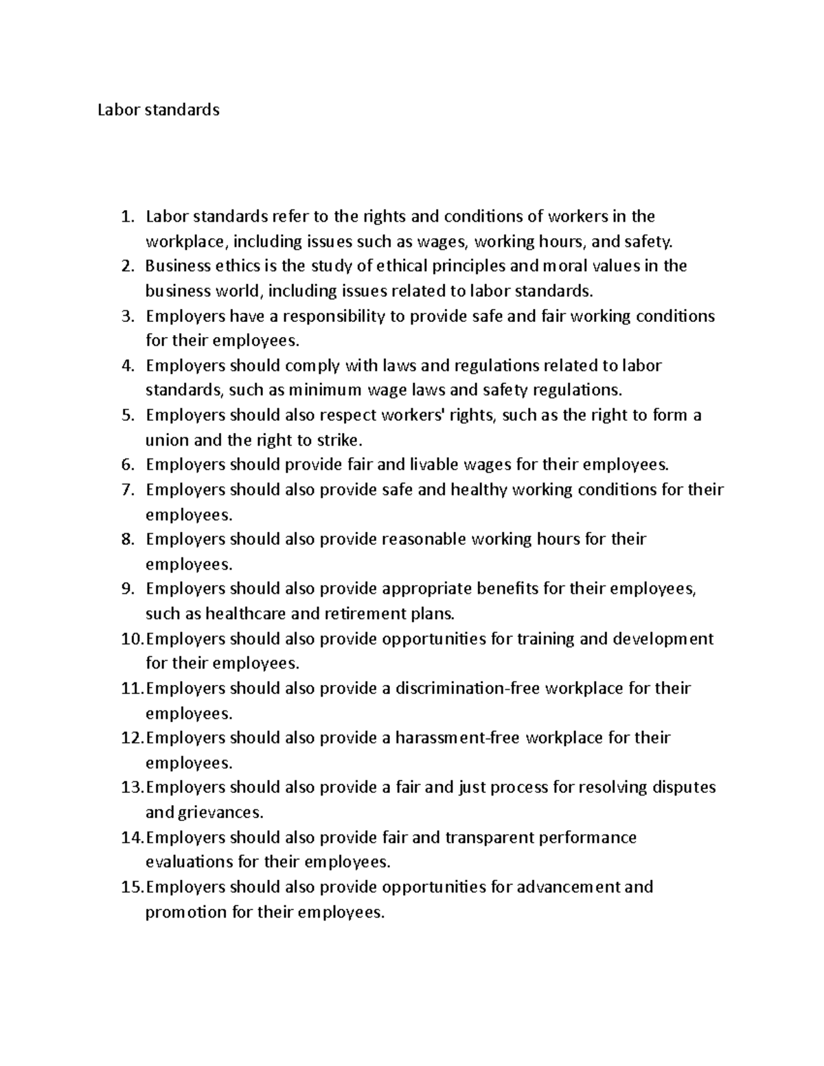 Labor standards notes - Labor standards Labor standards refer to the ...