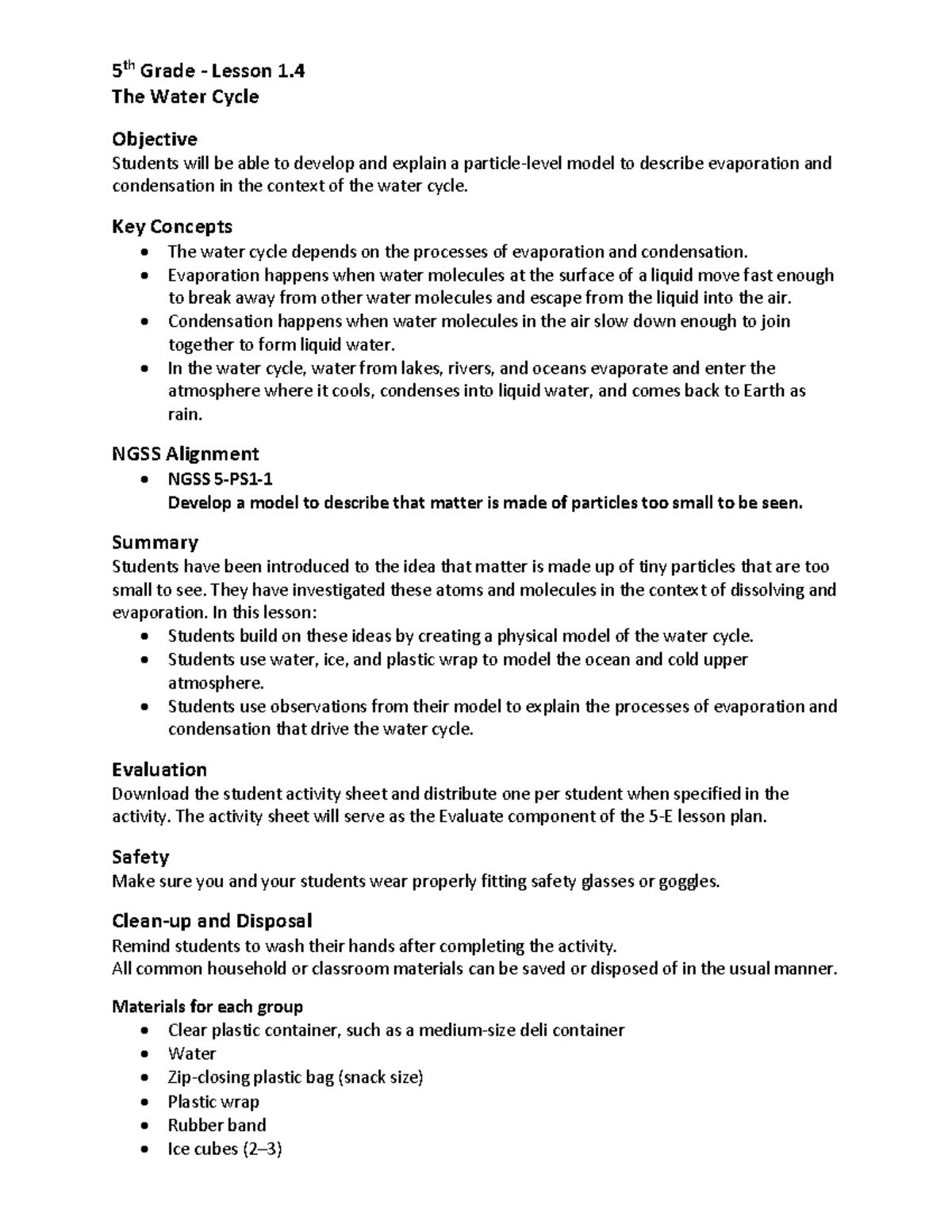 G5-l1 - Lesson plan for water cycle - 5 th Grade - Lesson 1. The Water ...