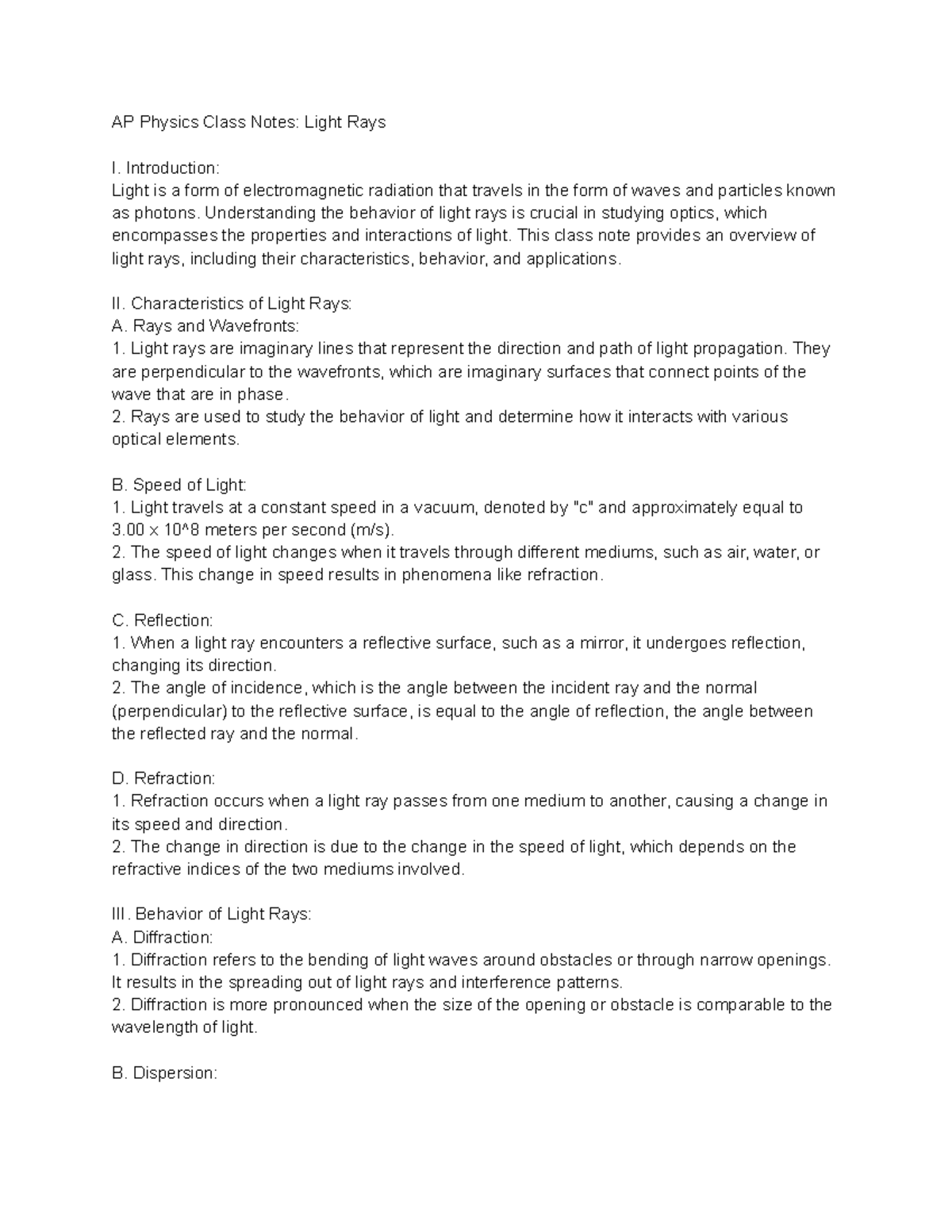AP Physics Class Notes Light Rays - Introduction: Light is a form of ...
