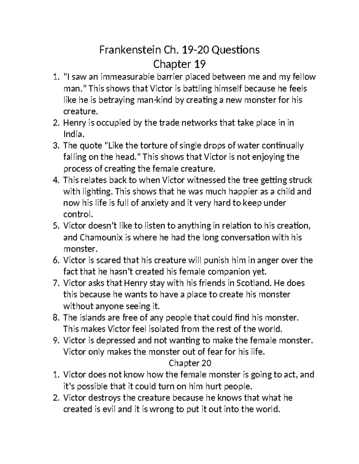Frankenstein Ch 19-20 - Frankenstein Ch. 19-20 Questions Chapter 19 1 ...