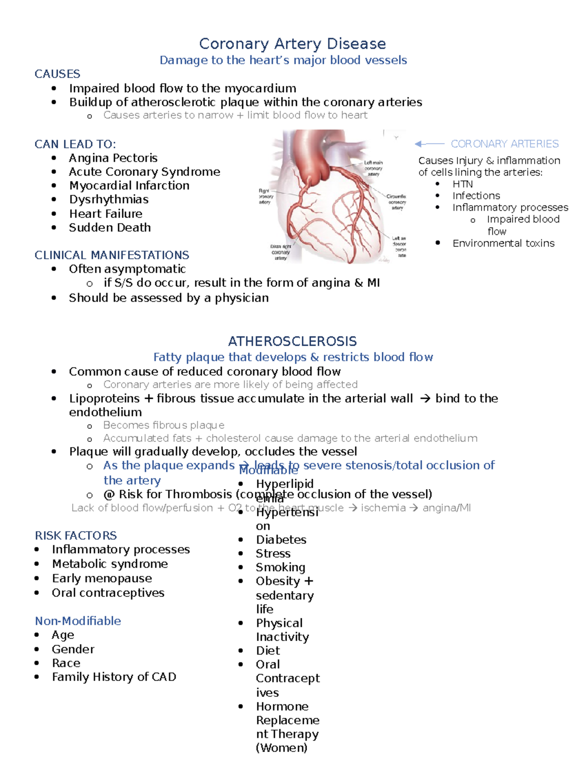 CAD study guide - Coronary Artery Disease Damage to the heart’s major ...