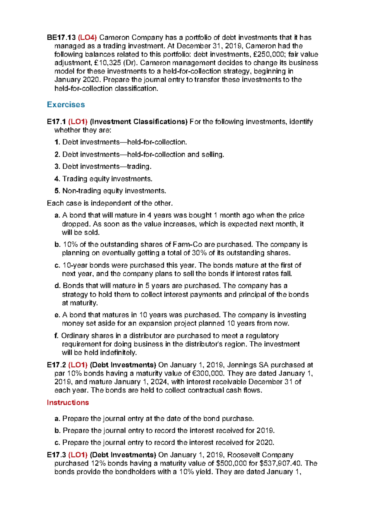 Pdfcoffee - pdf - BE17 (LO4) Cameron Company has a portfolio of debt investments that it has ...