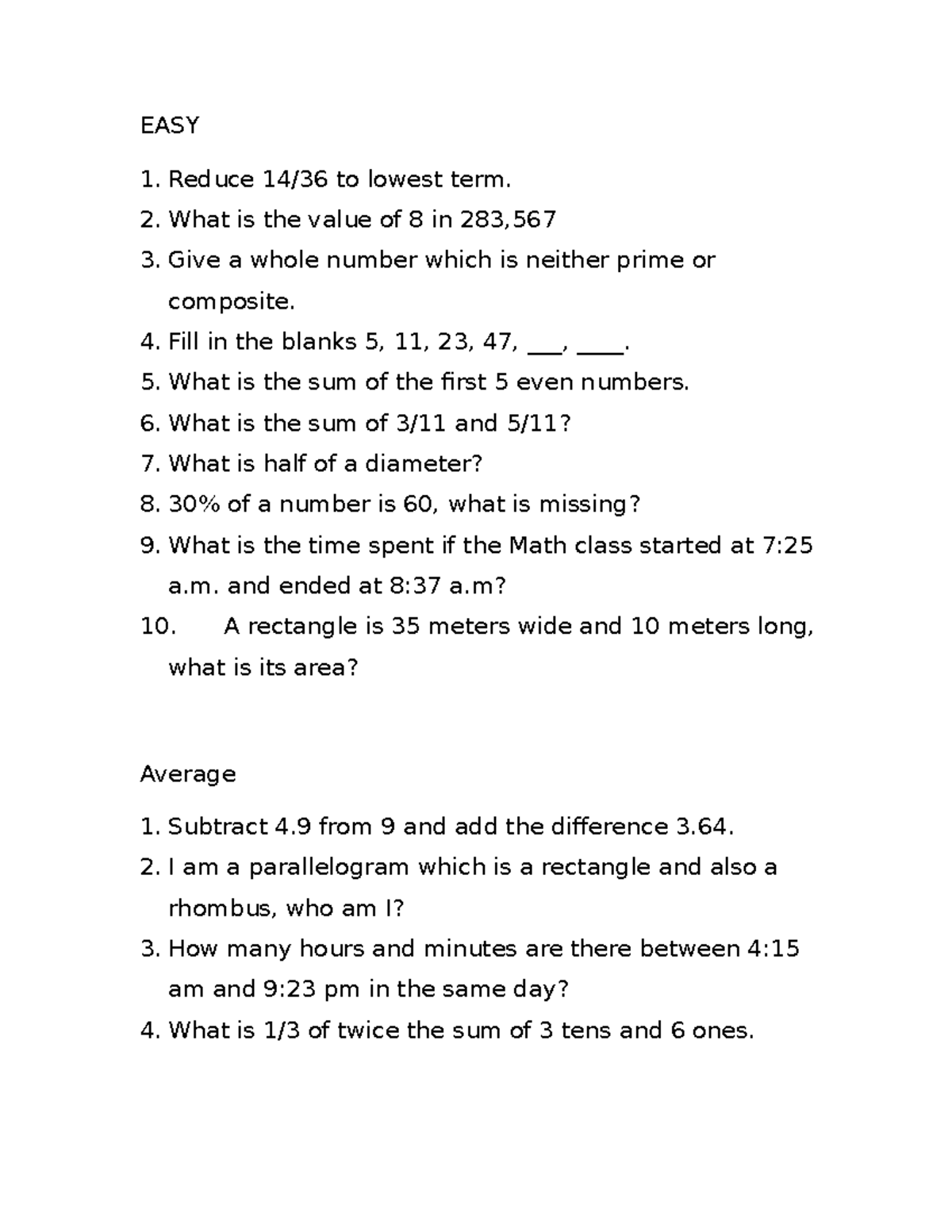 Math bowl questions - EASY Reduce 14/36 to lowest term. What is the ...