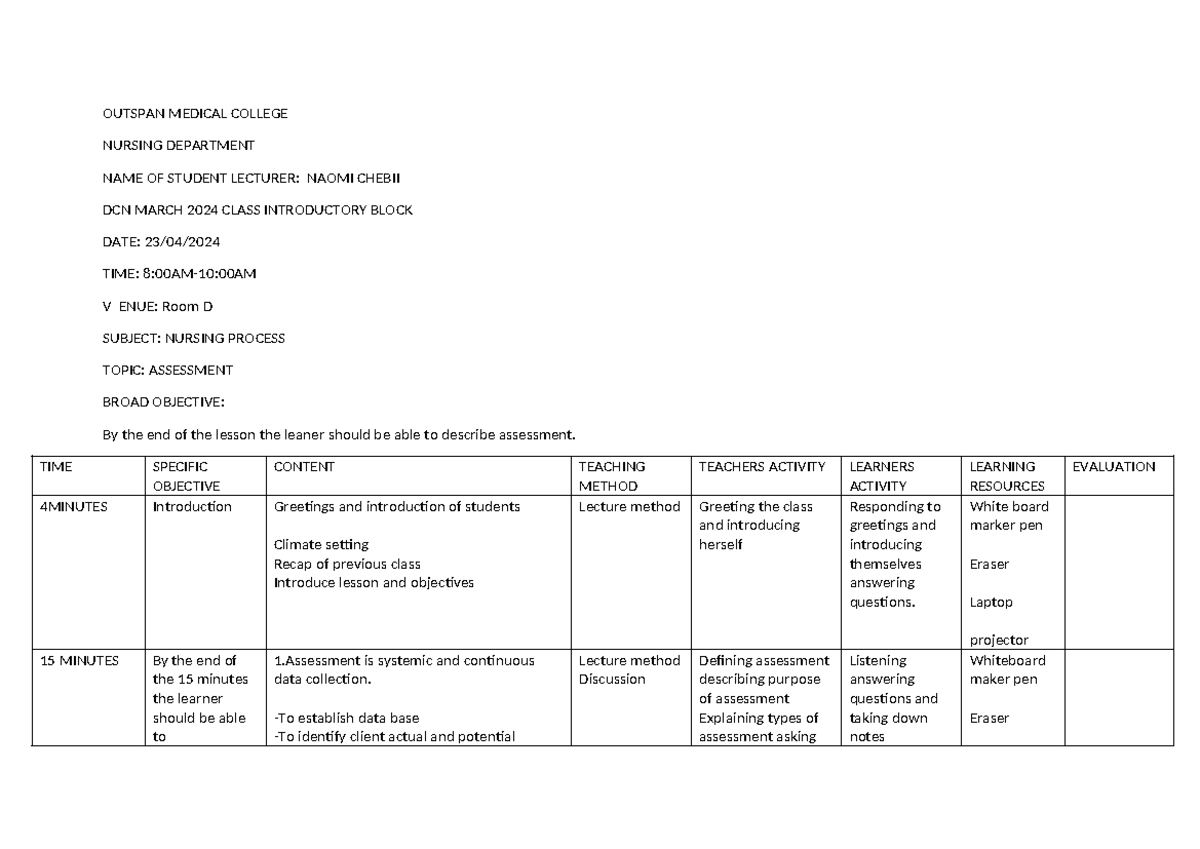 Anatomy lesson plan - OUTSPAN MEDICAL COLLEGE NURSING DEPARTMENT NAME ...