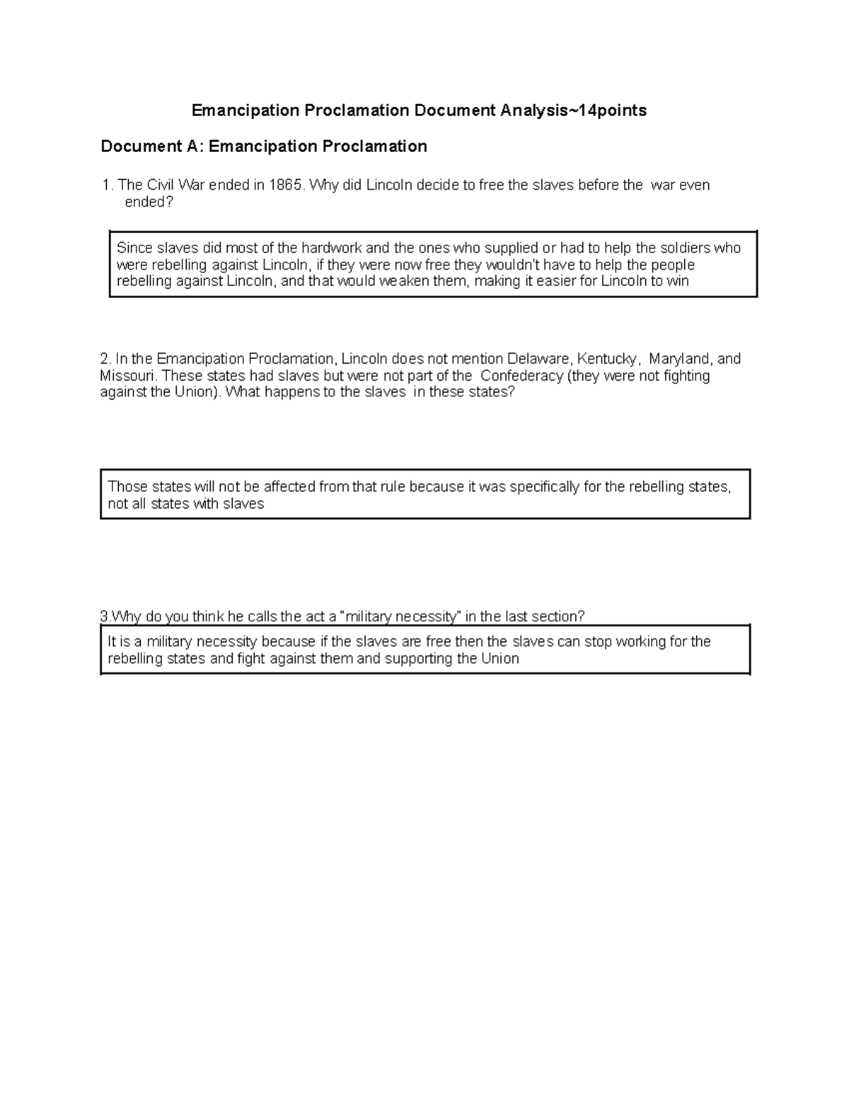 Emancipation Proclamation Questions - Emancipation Proclamation ...