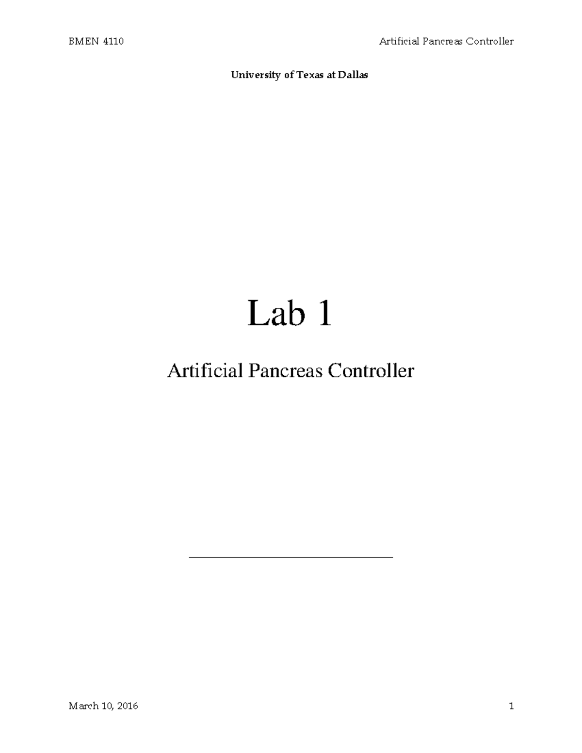Lab 1 Post Lab 2 - Lab 1 Post Lab 2 - University of Texas at Dallas Lab 1 Artificial Pancreas ...