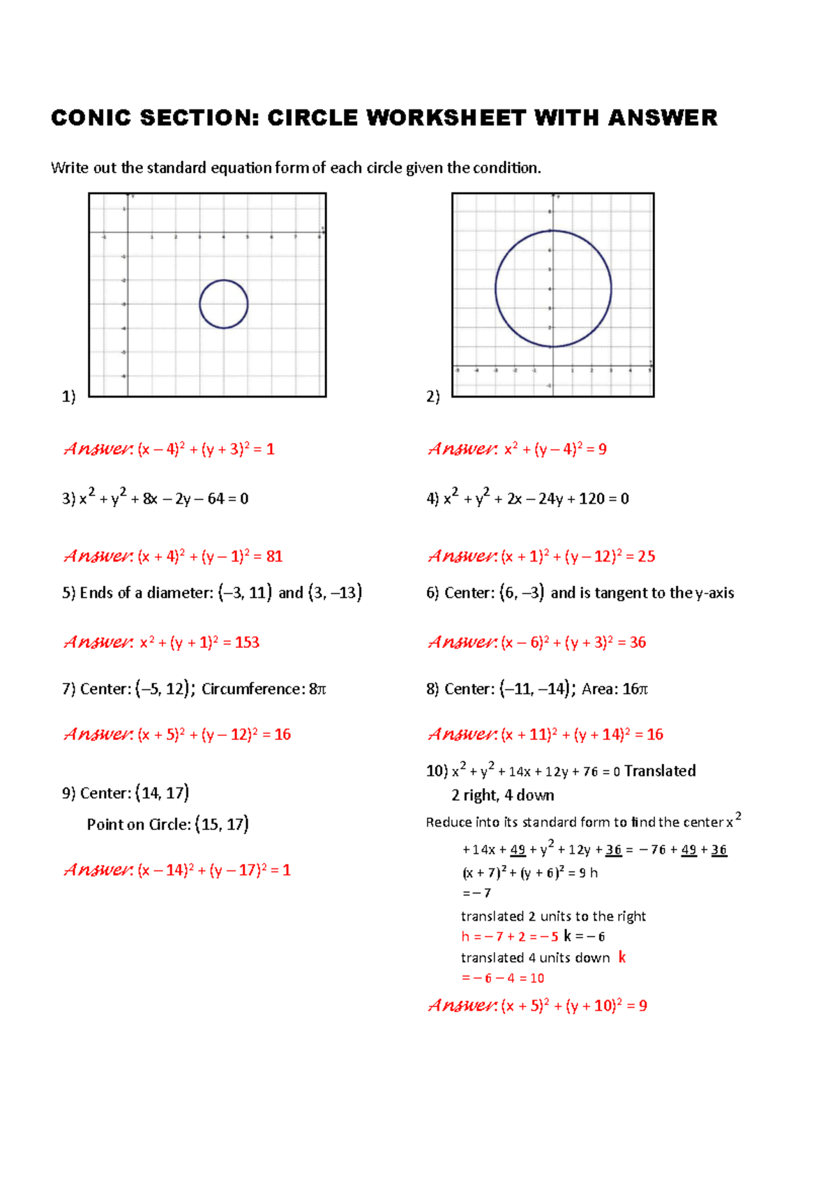 Basic Calculus - Circle Worksheet WITH Answer - CONIC SECTION: CIRCLE ...