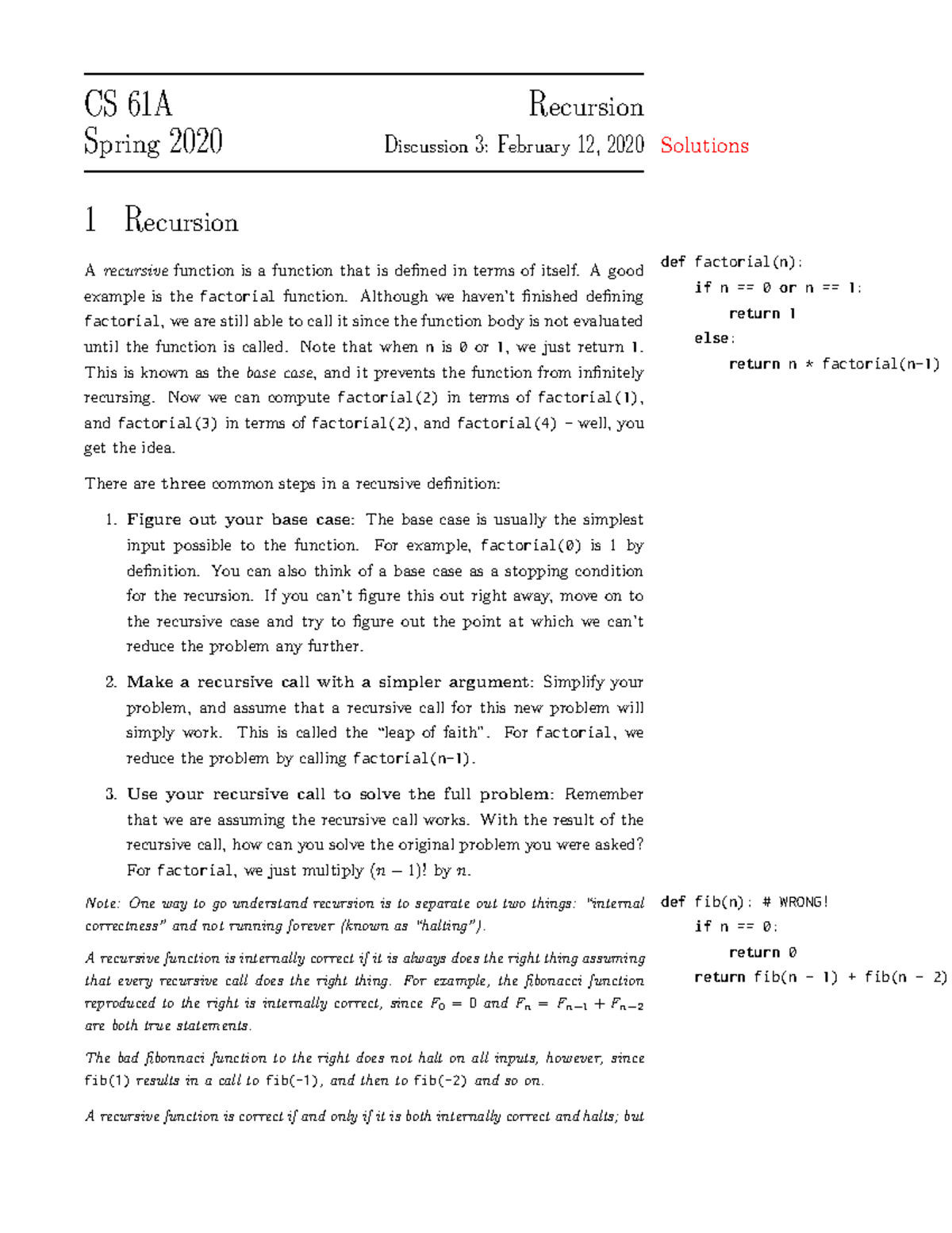 Disc03 sol - Solution for discussion3 - CS 61A Recursion Spring 2020 Discussion 3: February 12 ...