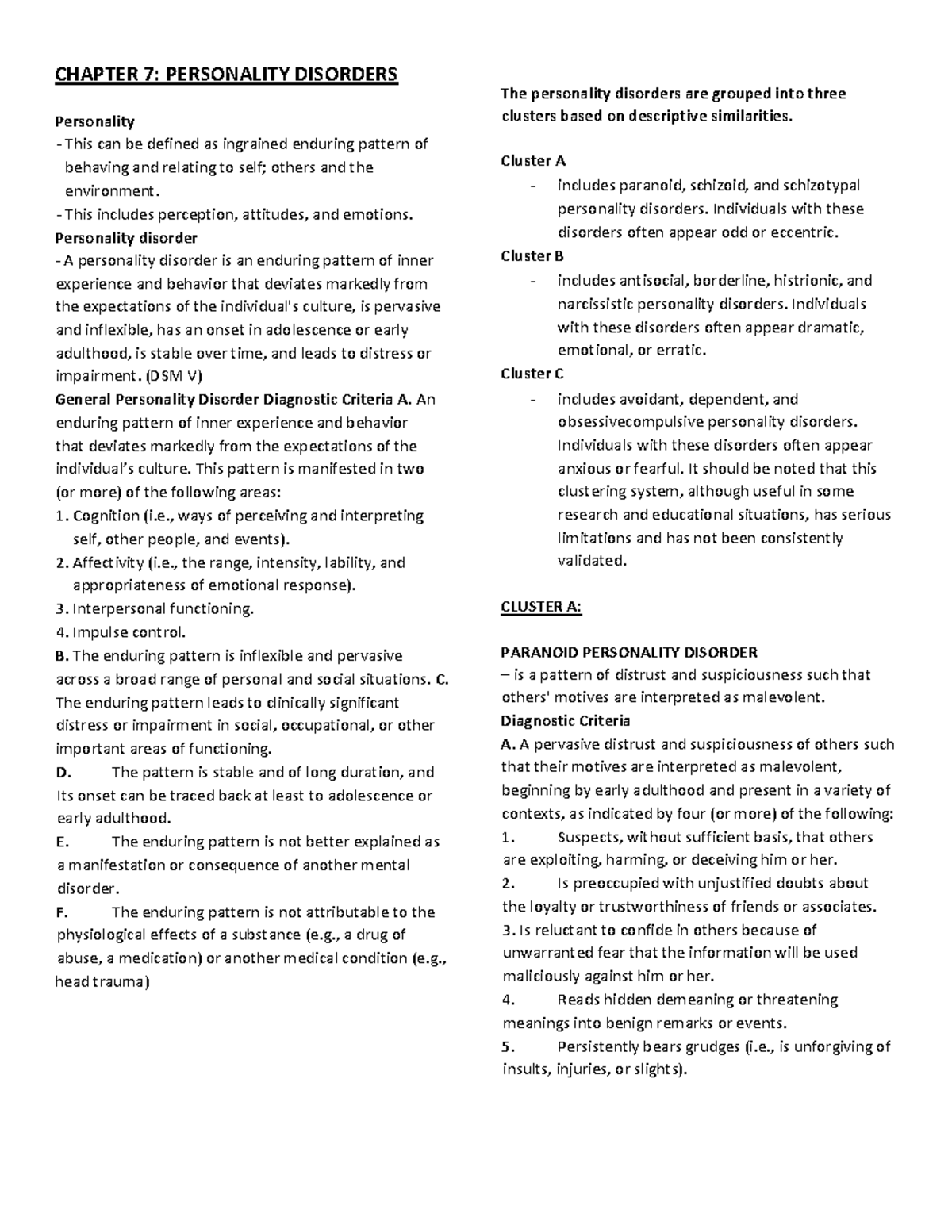 Chapter 7 Personality Disorders - CHAPTER 7: PERSONALITY DISORDERS ...