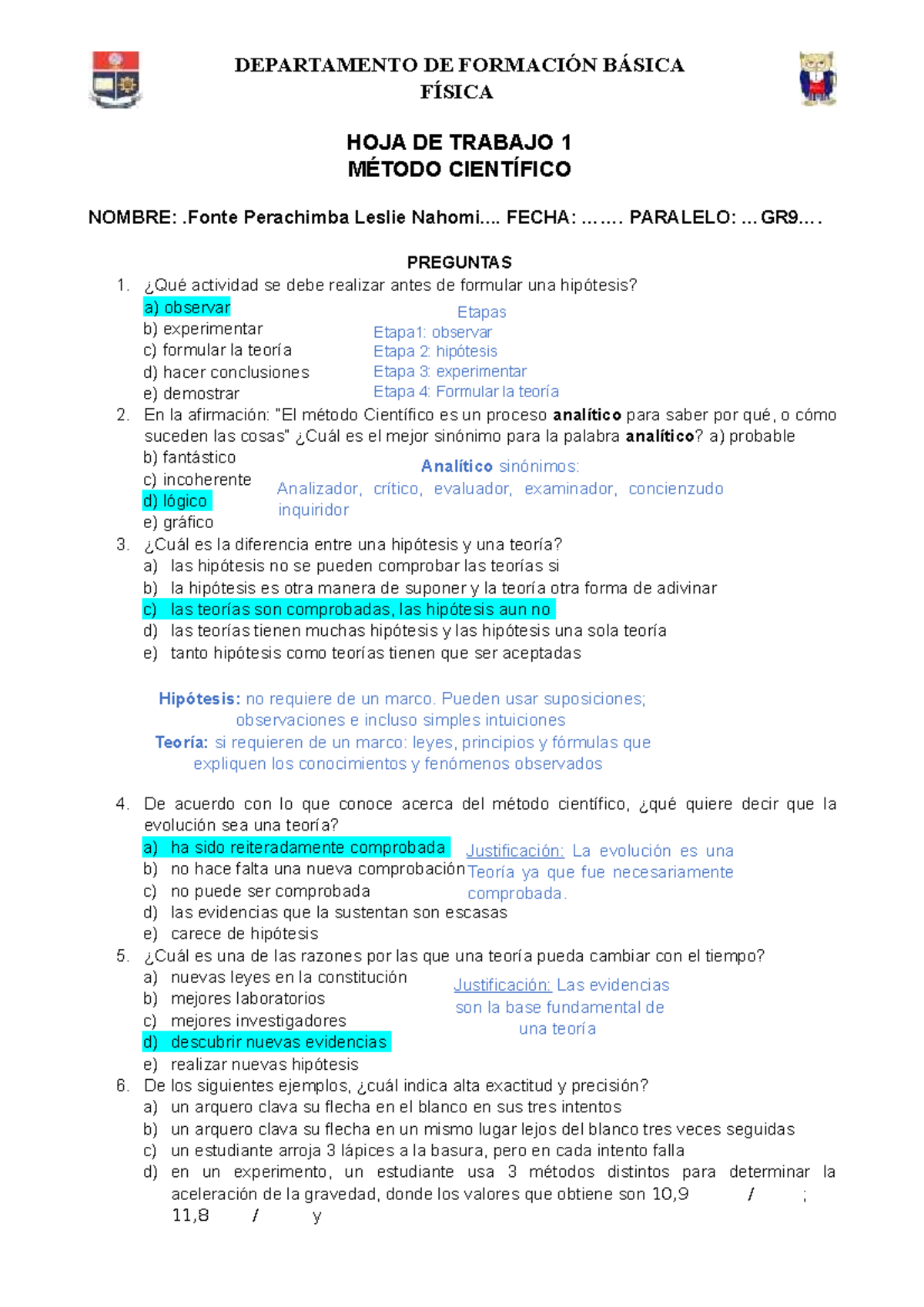 Hoja de trabajo 01 - Método científico - DEPARTAMENTO DE FORMACIÓN ...