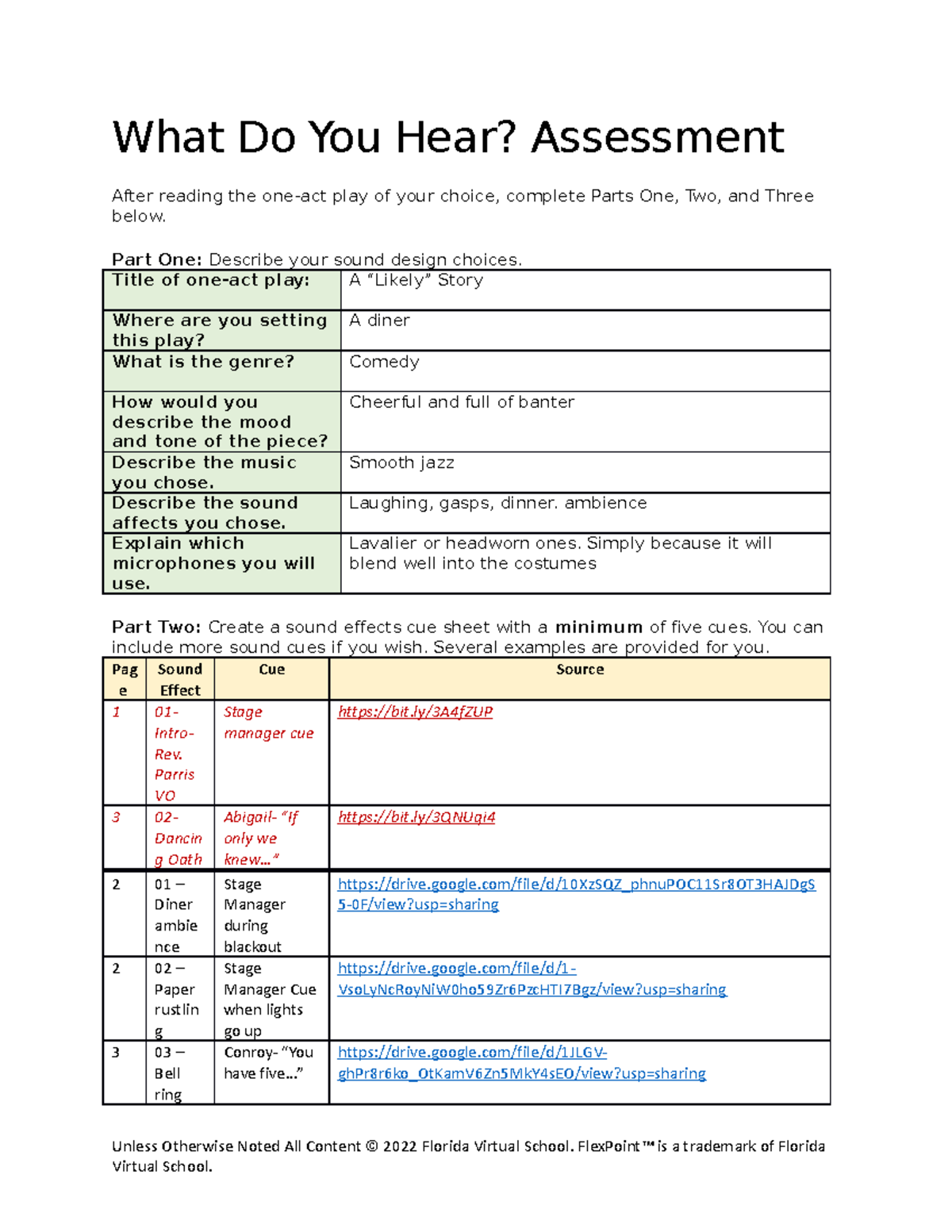 Sound assignment - What Do You Hear? Assessment After reading the one ...