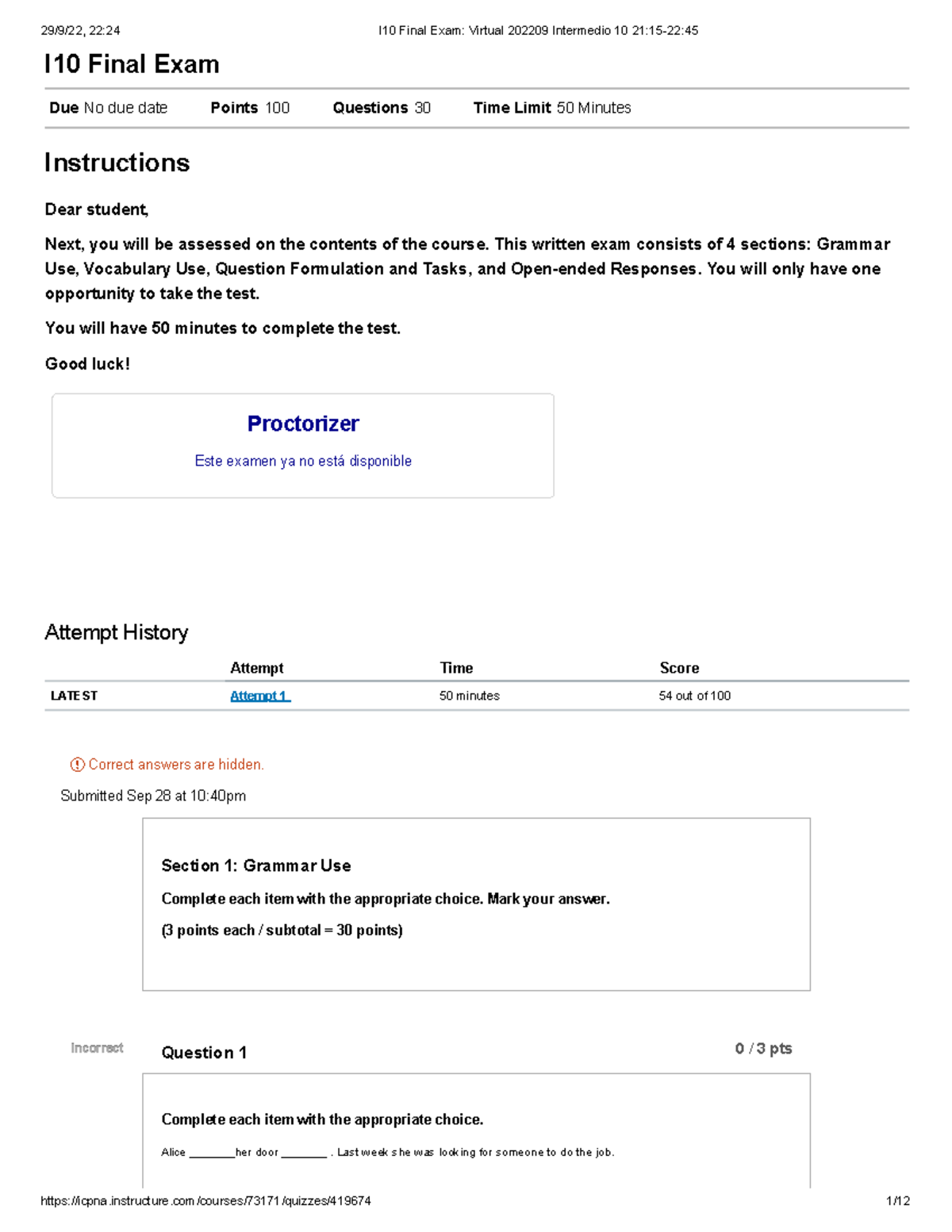 I10 Final Exam ICPNA - I10 Final Exam Due No due date Points 100 ...